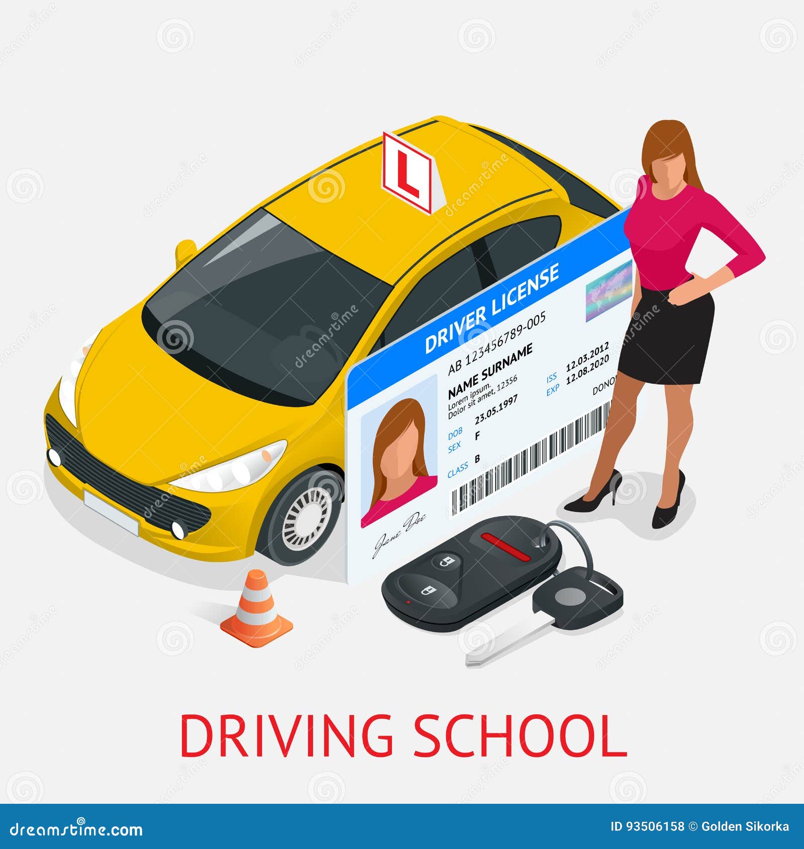 Design Concept Driving School or Learning To Drive. Flat Isometric ...