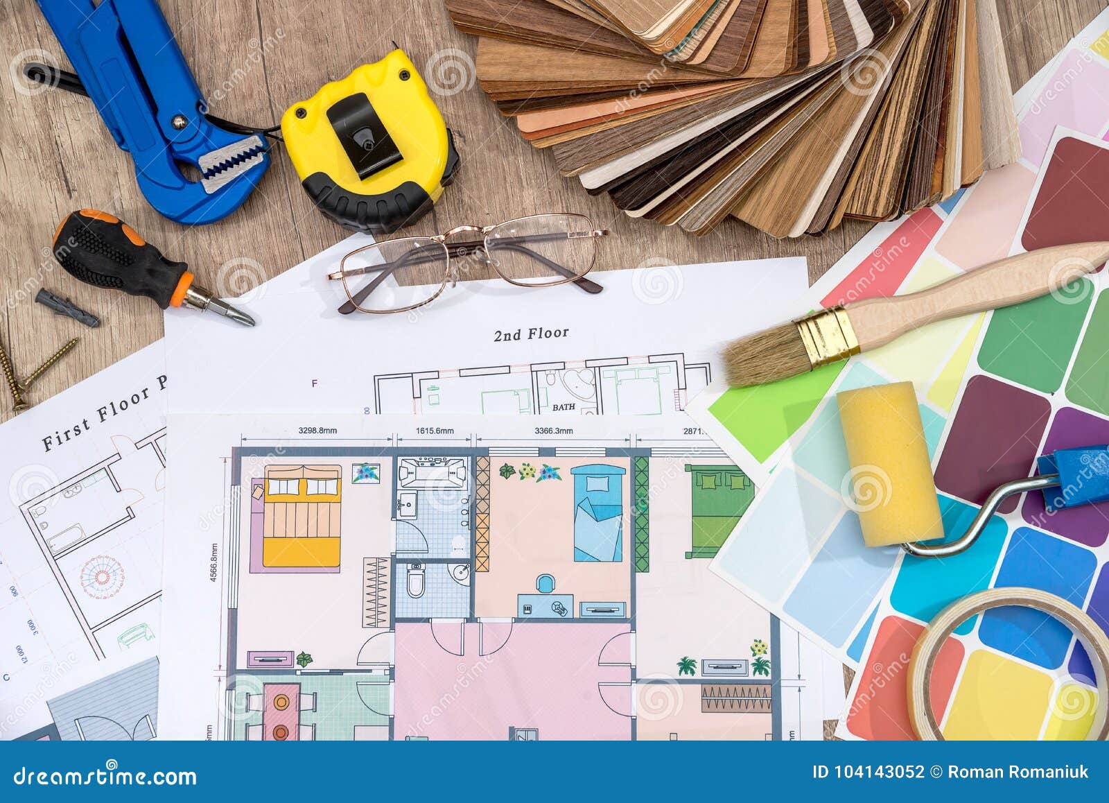 Design Concept with Material Laminate Sample and House Plan Stock Photo ...