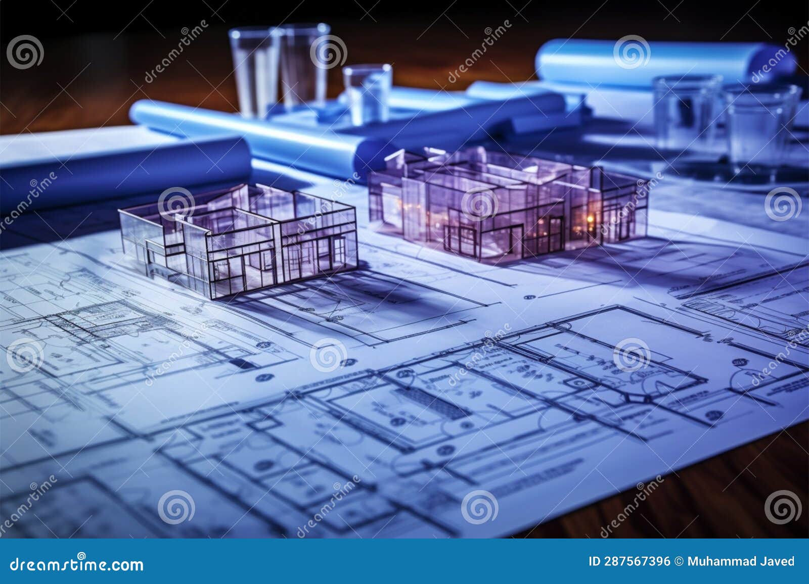 Design Concepts Presented Rolled Blueprints on Table, Architectural ...