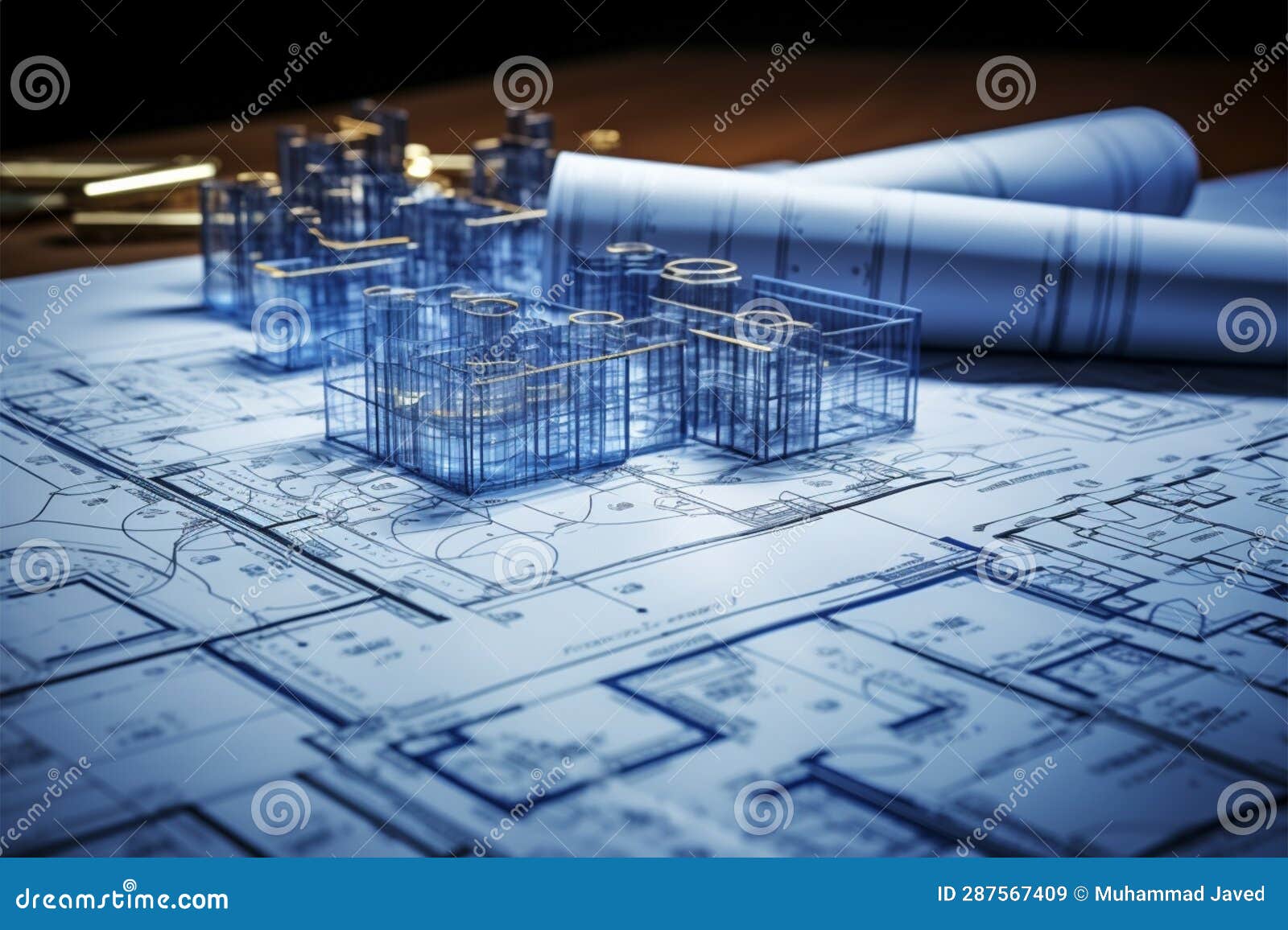 Design Concepts Presented Rolled Blueprints on Table, Architectural ...