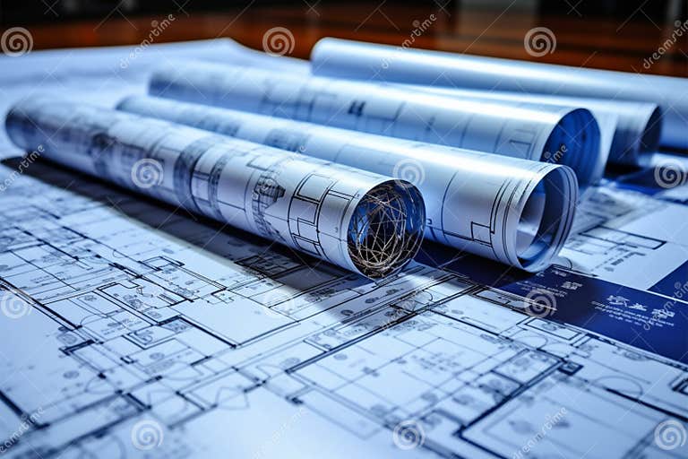 Design Concepts Presented Rolled Blueprints on Table, Architectural ...