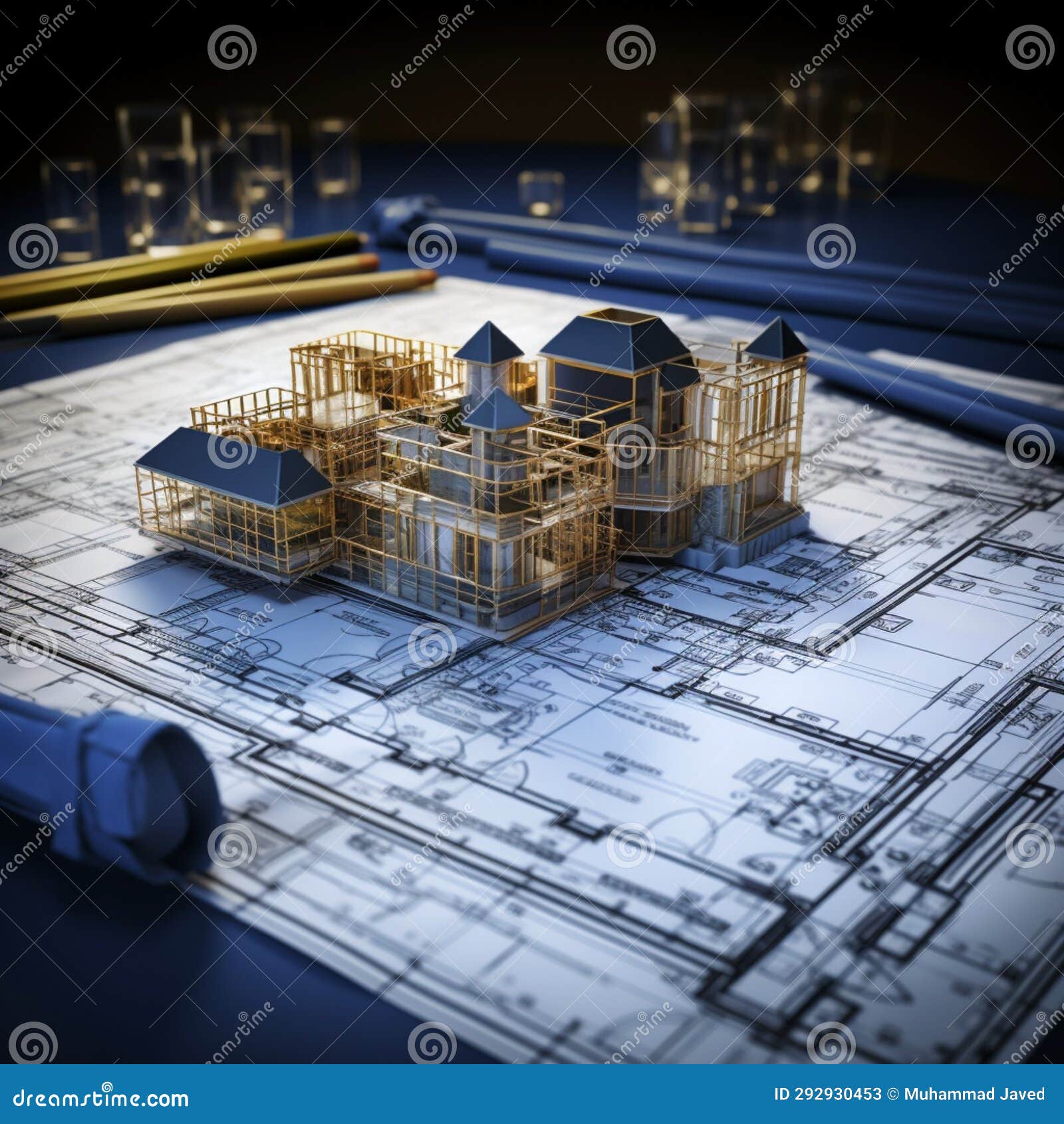 Design Concepts Presented Rolled Blueprints on Table, Architectural ...