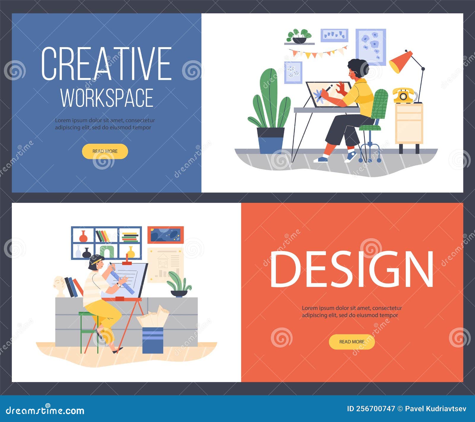 Design and Creative Workspace Web Banners Template, Flat Vector ...