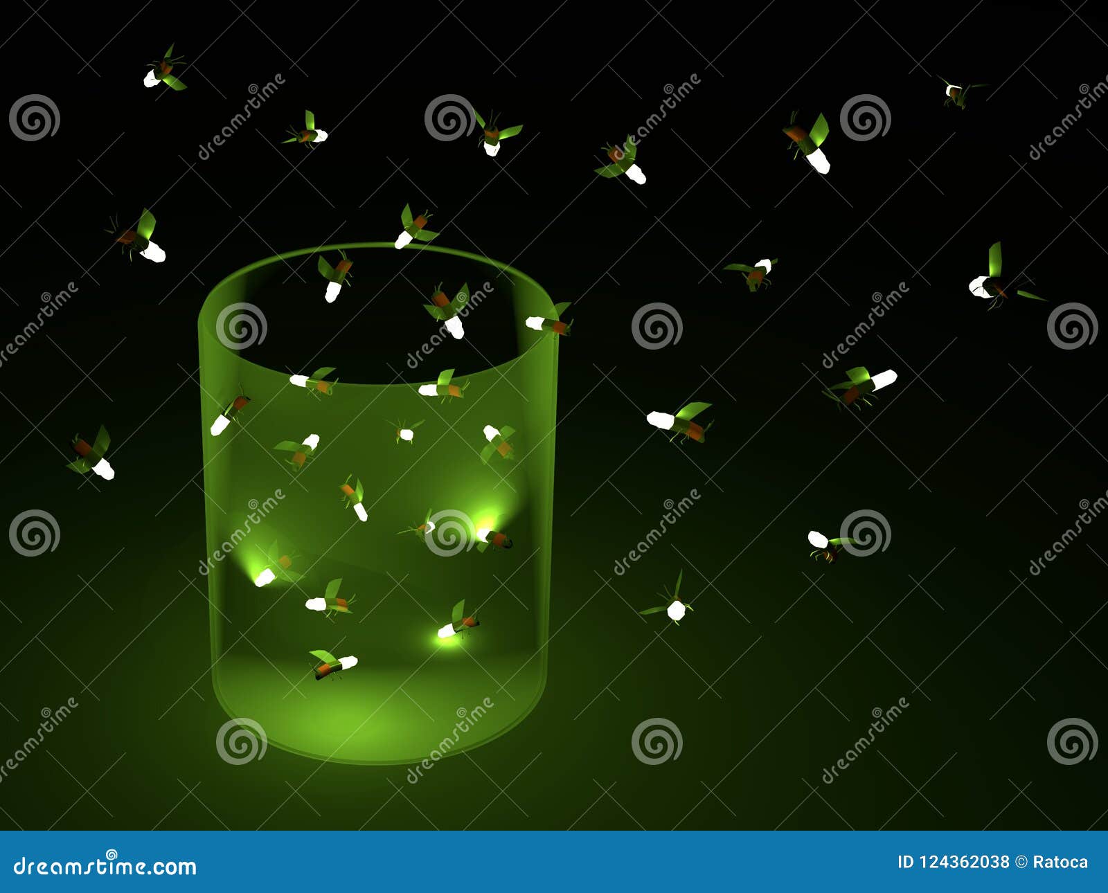 3D Rendering Fireflies in Crystal Bottle Stock Illustration ...