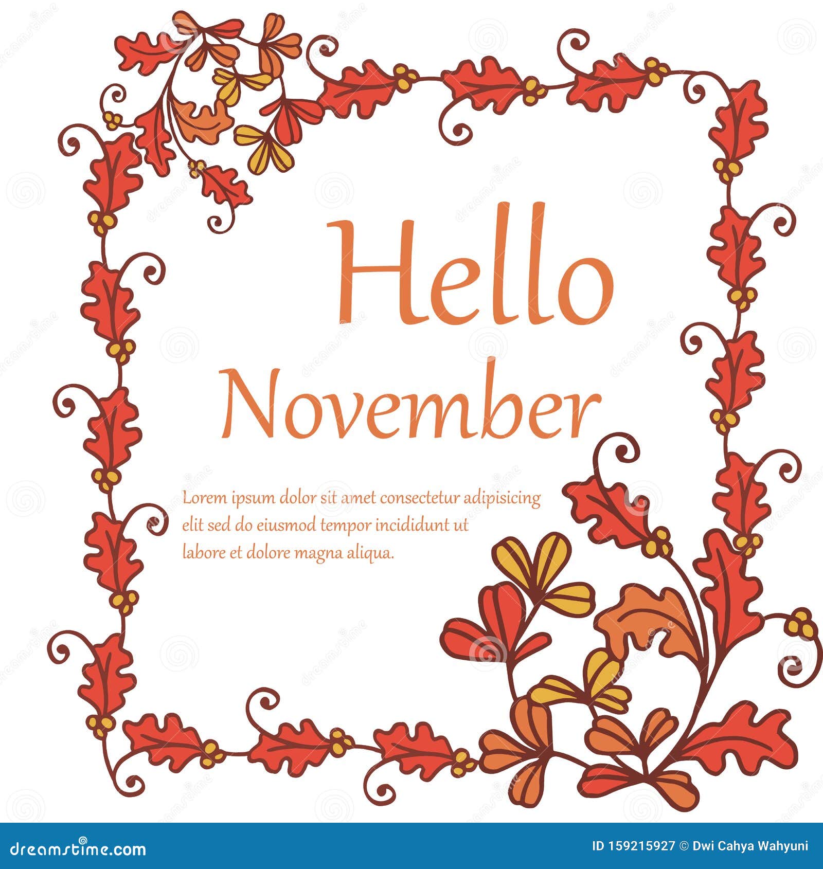 Design Element of Card Hello November, with Sketch Autumn Leaves Frame ...