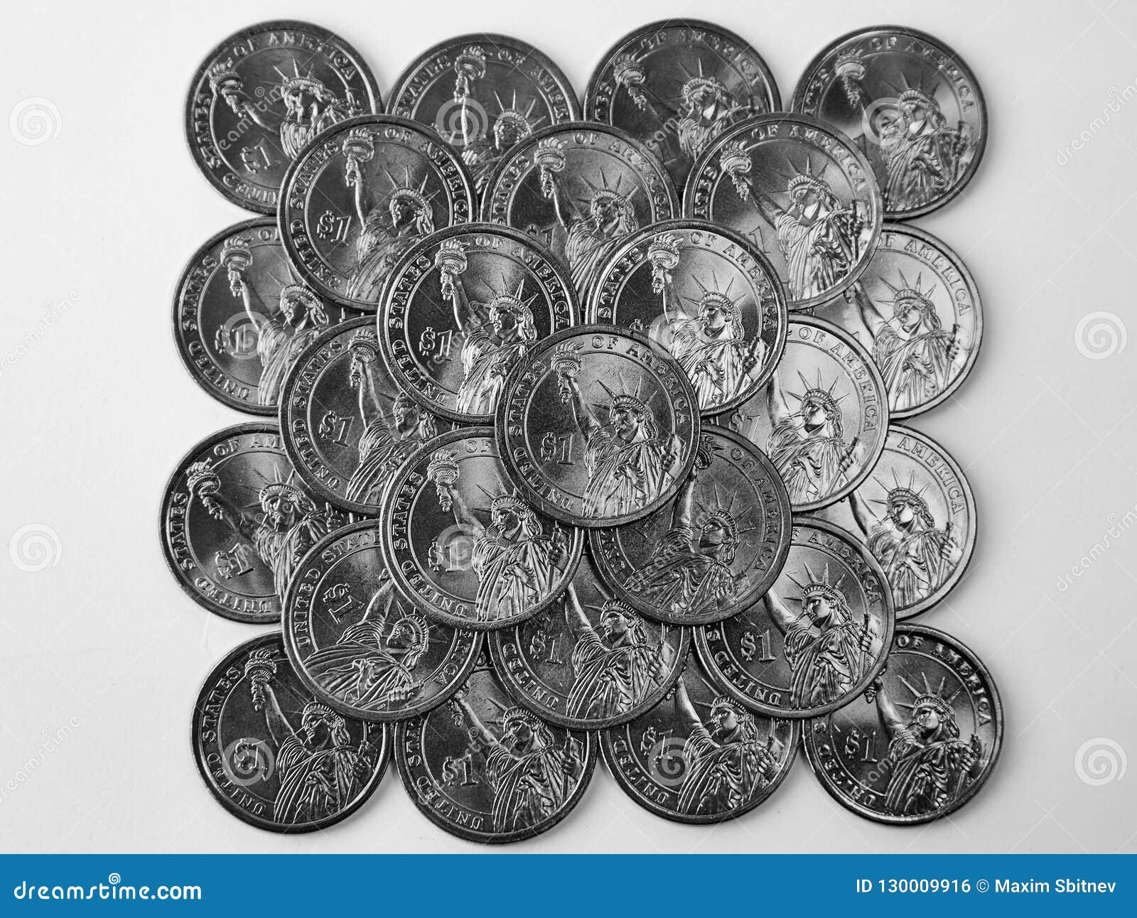 Design Element. Pyramid of Shiny Coins of One US Dollar. View from ...
