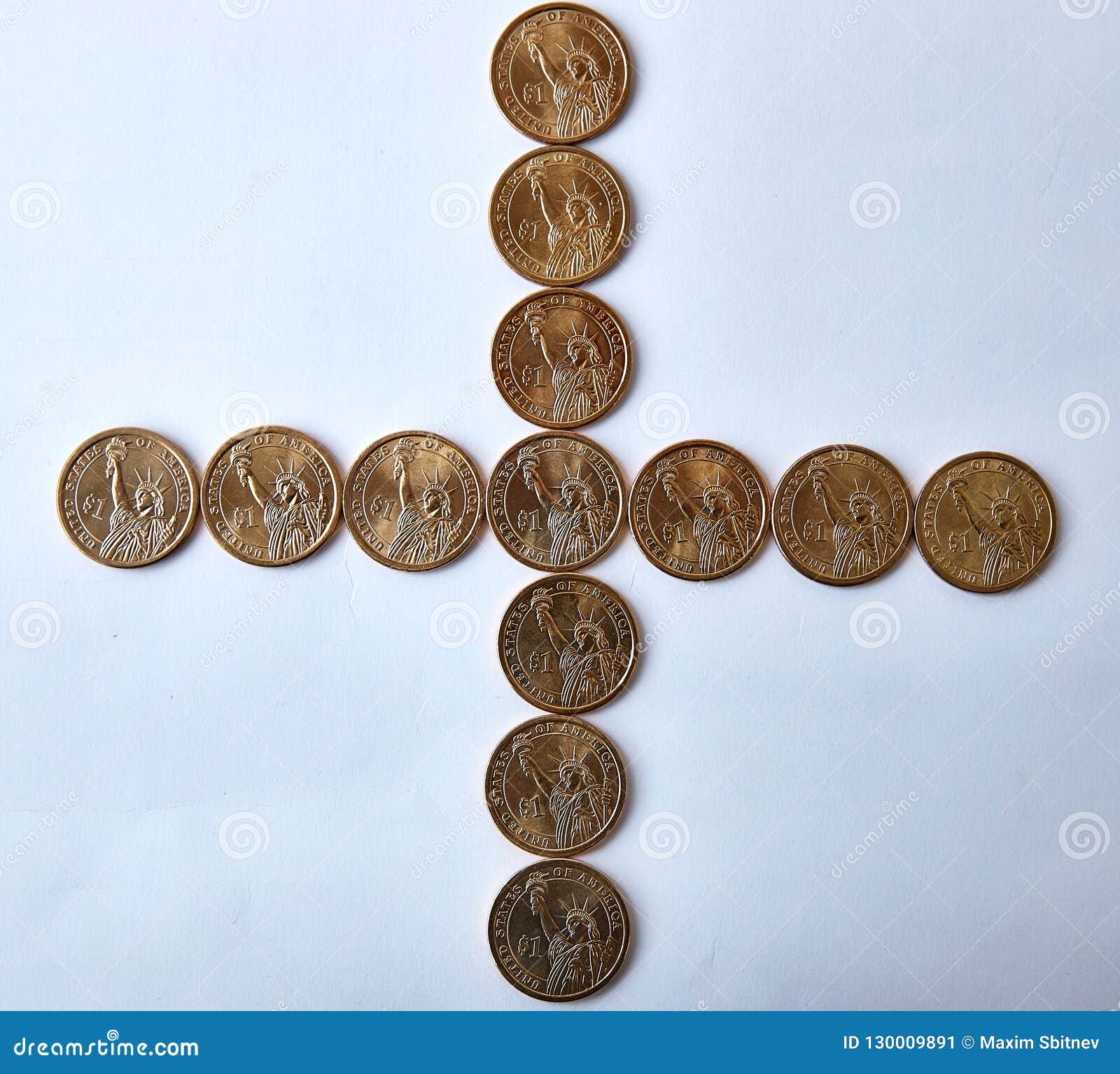 Design Element. Straight Cross of Yellow Solid Coins One Usd. View from ...