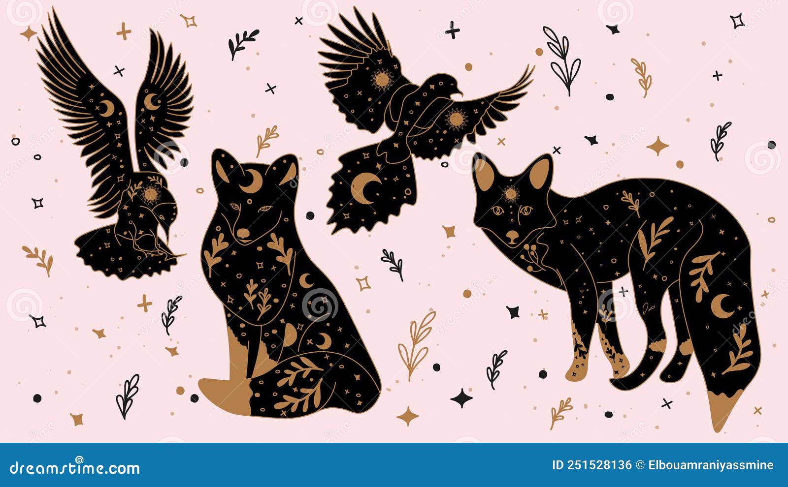 Vector Set of Linear Boho Birds and Foxes Stock Illustration ...