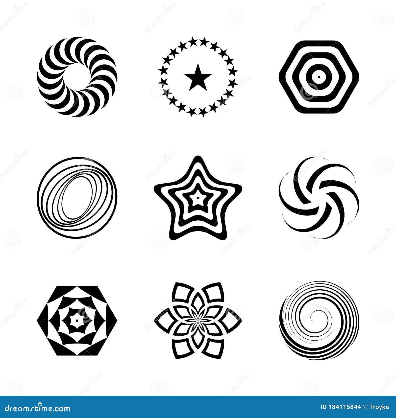 Design Elements Set. Abstract Icons in Star, Spiral, Circle and Hexagon ... Design Elements Set. Abstract Icons in Star, Spiral, Circle and Hexagon ...