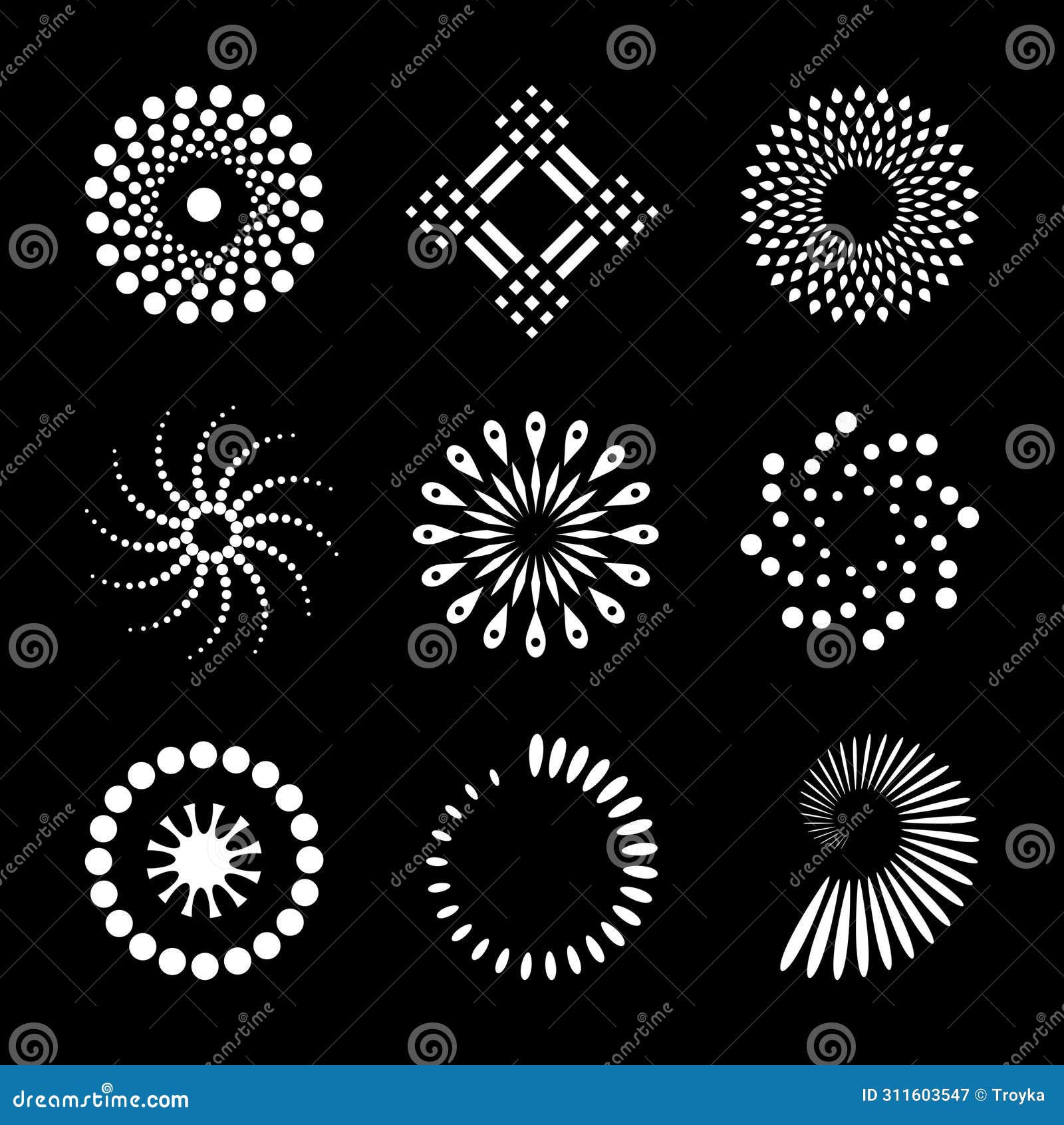 Design Elements Set. Abstract White Icons on Black Background Stock ...