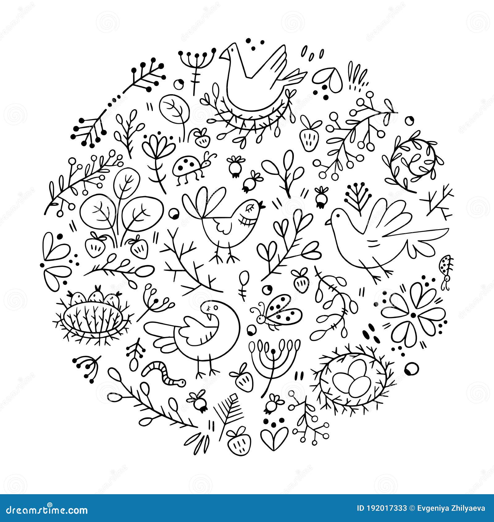 Design Elements on the Theme of Nature, Plants, Birds. Doodle Style in ...