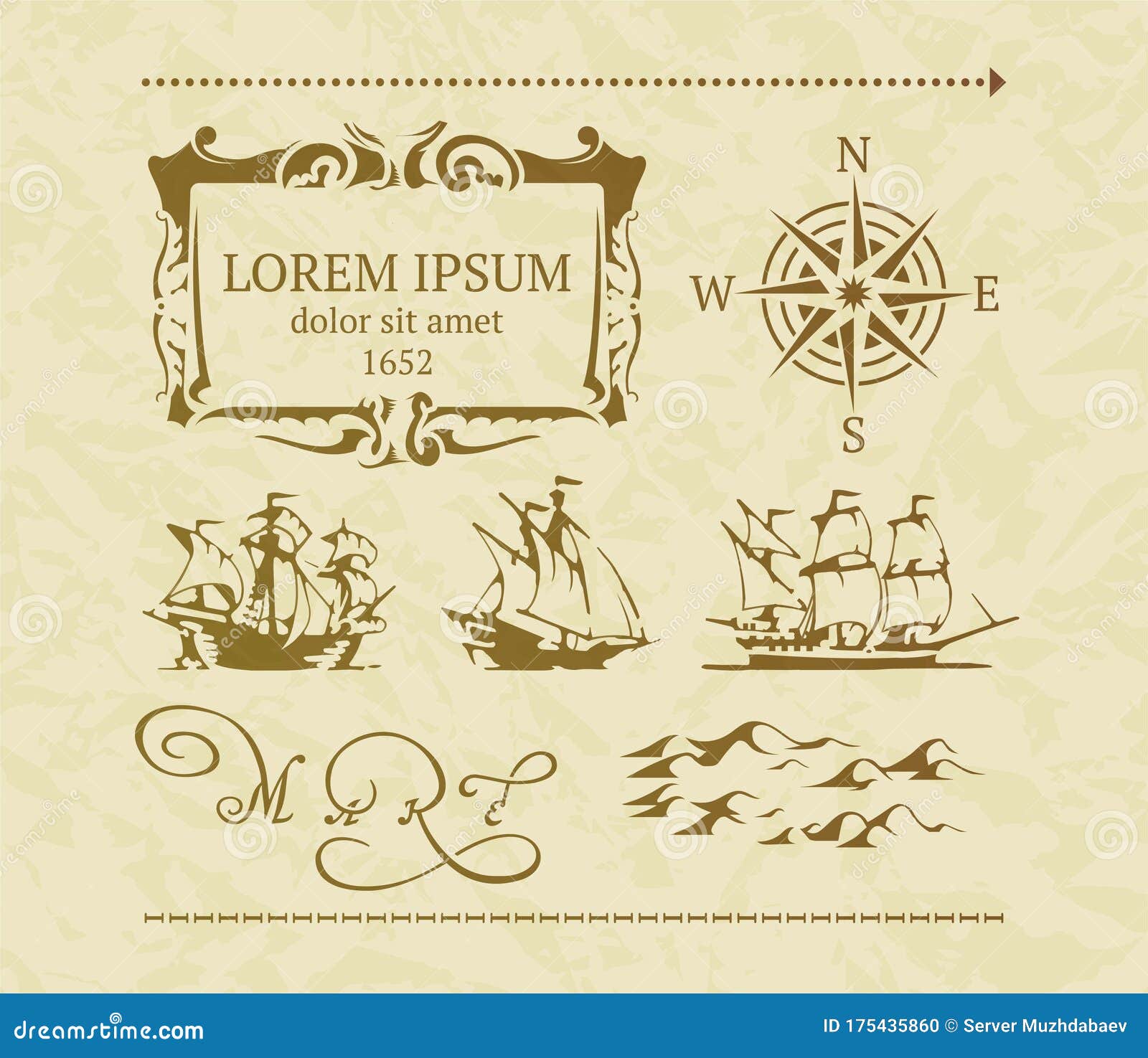 Design Elements for Vintage Map. Set. Border, Direction, Ships, Wind ...