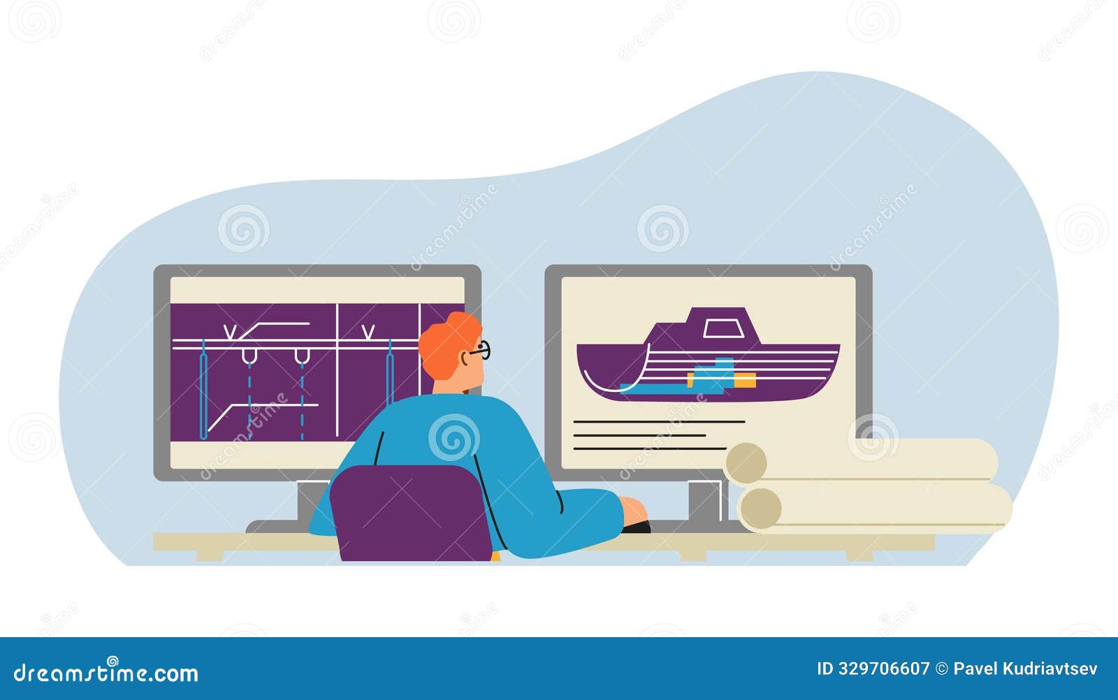 Design Engineer Creates a Technical Draft of a Vessel on a Computer ...