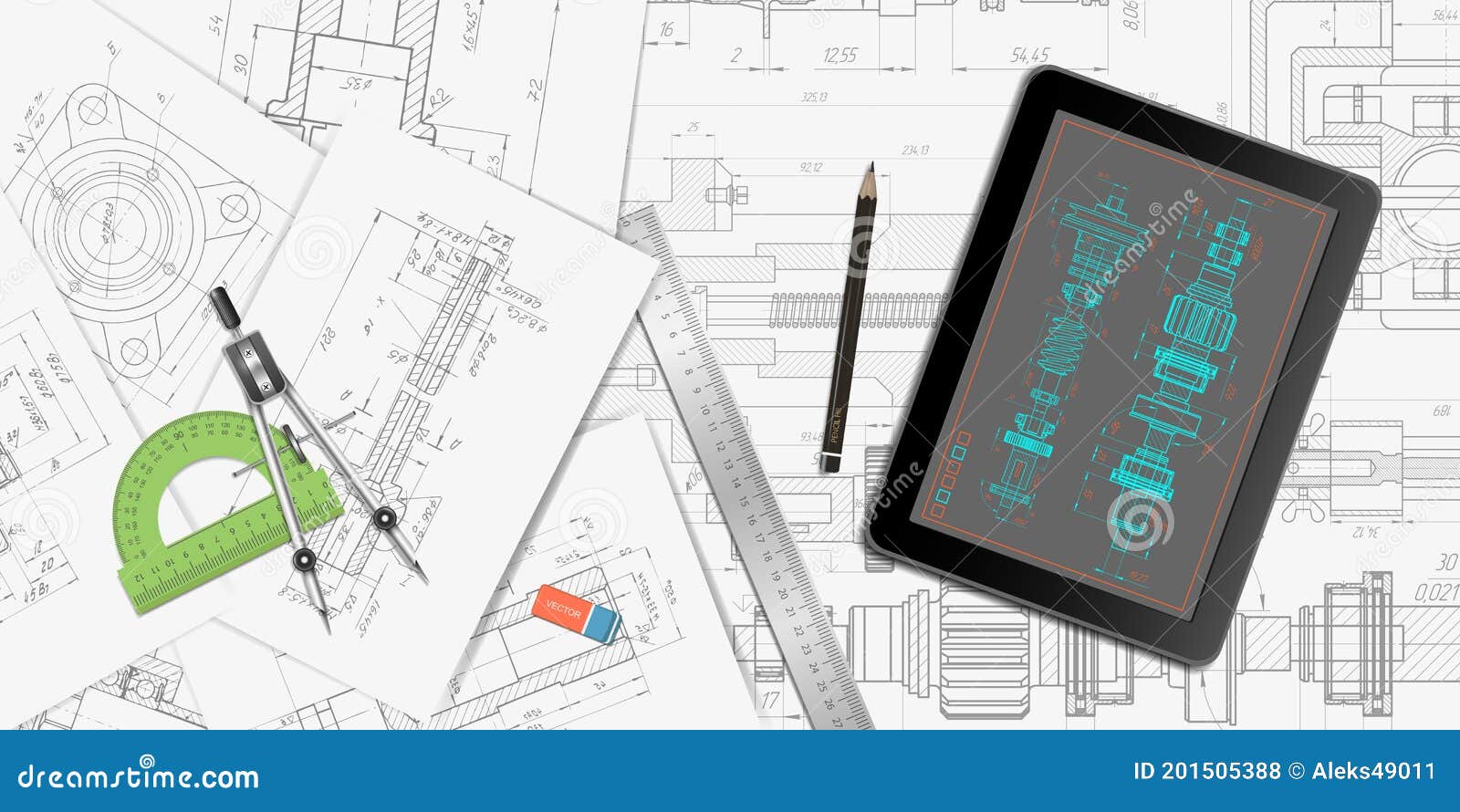 Design Engineer Workplace .Technical Drawing Background.Mechanical ...