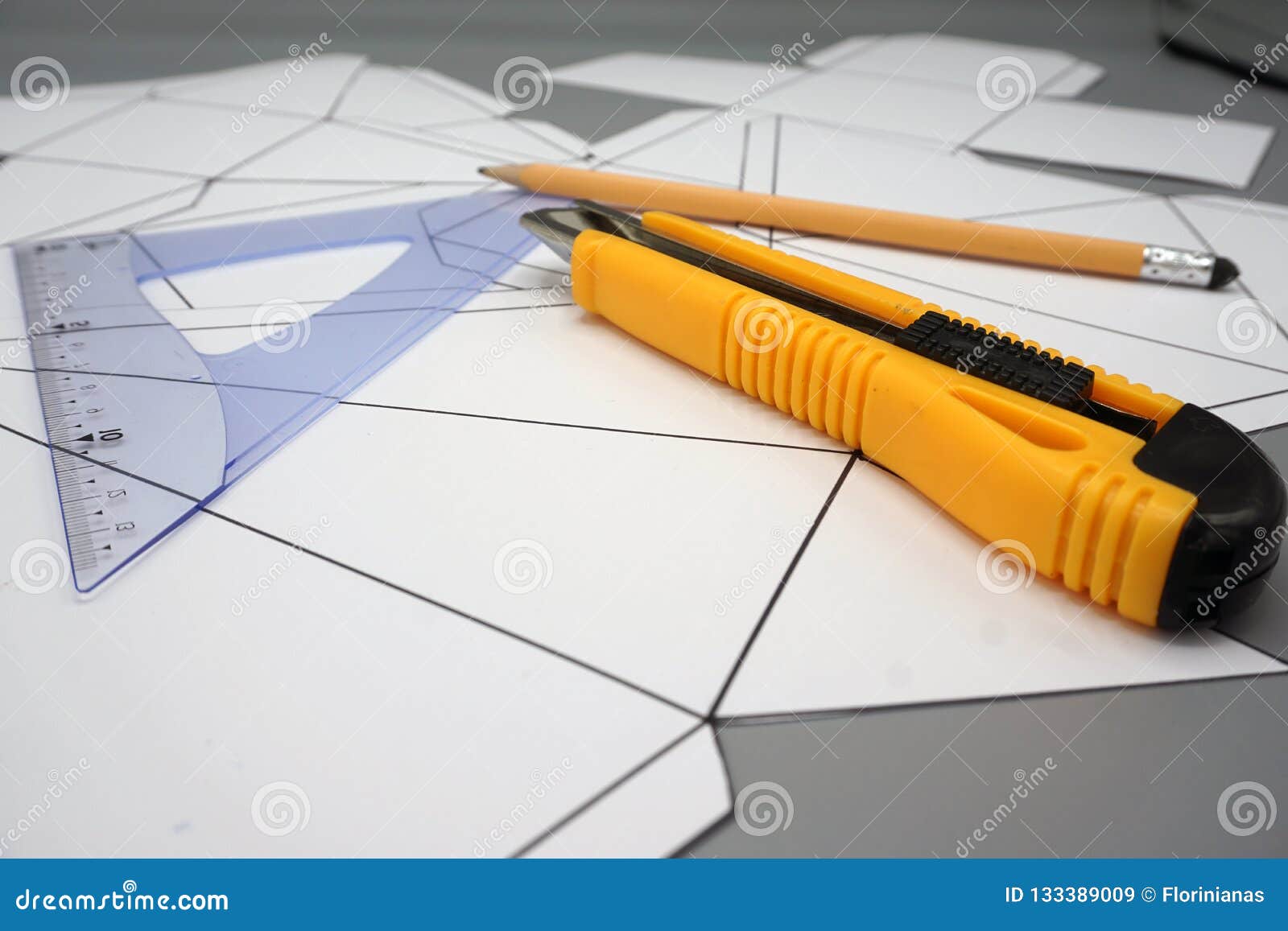 Professional Workplace with Three Dimensional Figures Unfolded Ruler ...