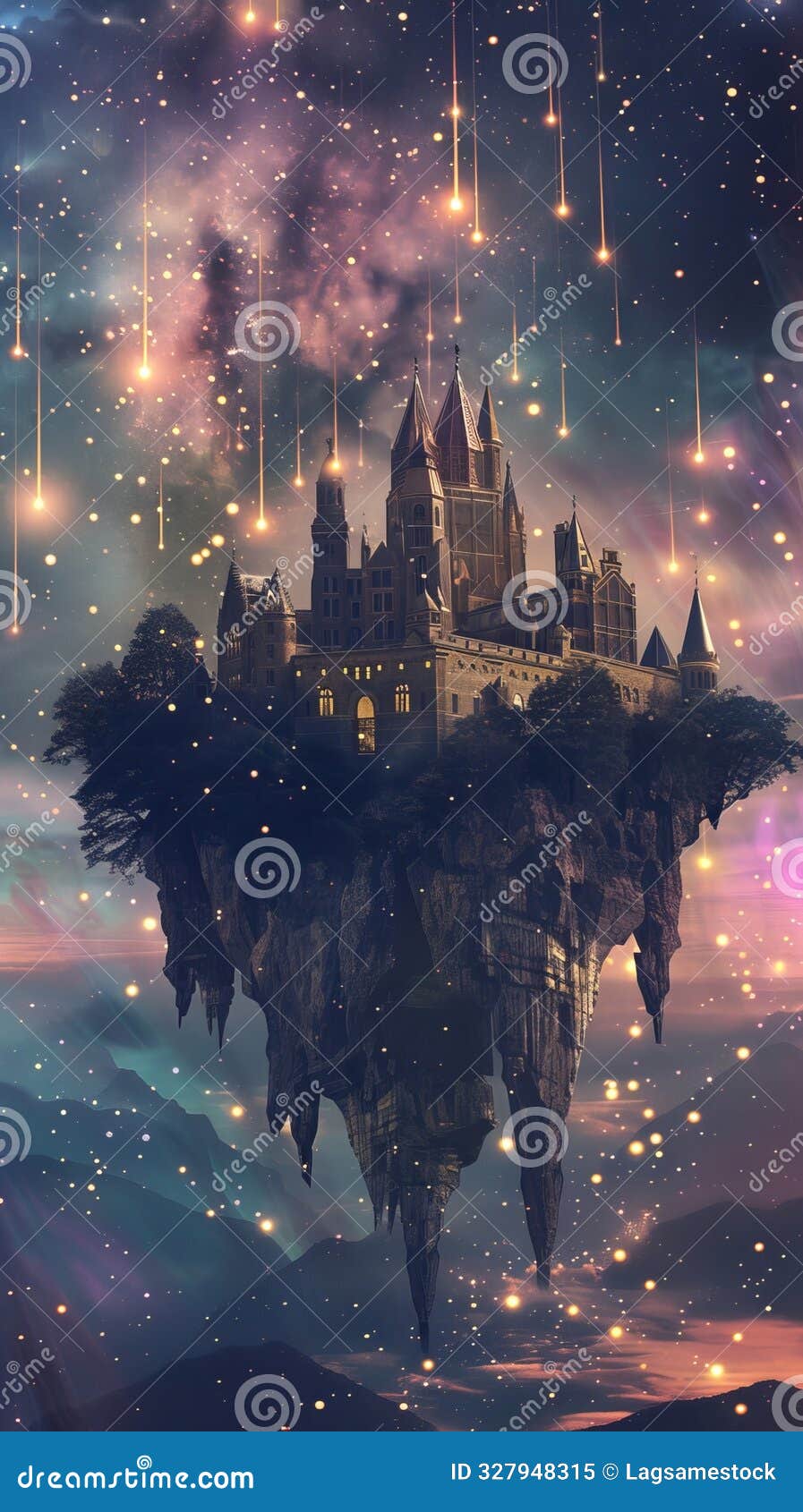 Design an Ethereal Castle Floating Amidst a Meteor Shower Stock ...