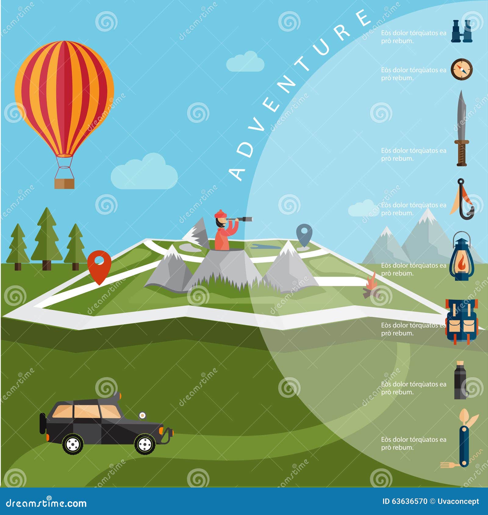 Design of Explorer with Spyglass and Balloon on Map with Ad Stock ...