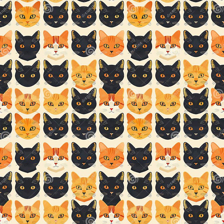 Colorful Pattern of Cats with Various Fur Colors and Expressions ...