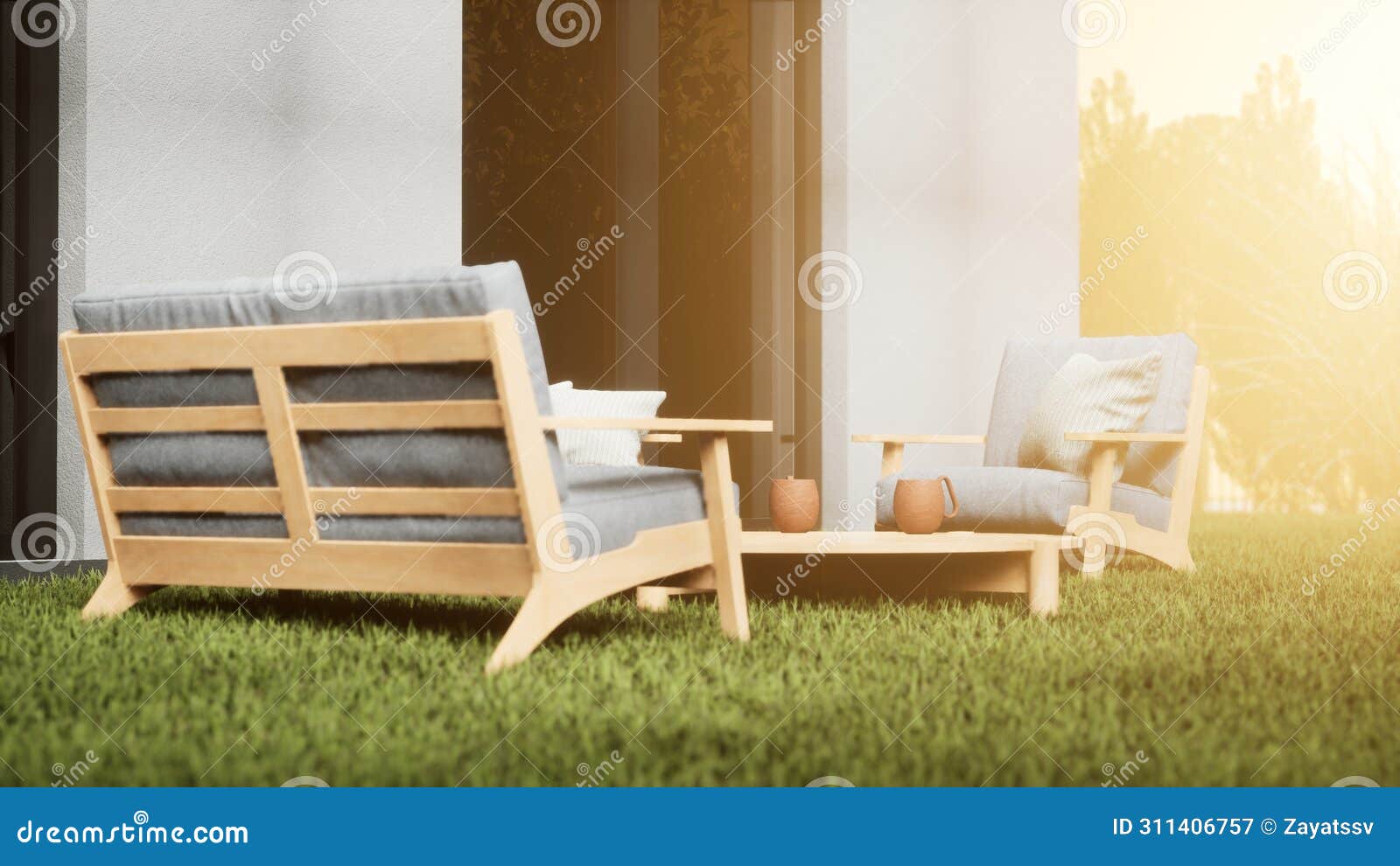 Design and Furniture in Modern Patio. 3d Render Stock Illustration ...