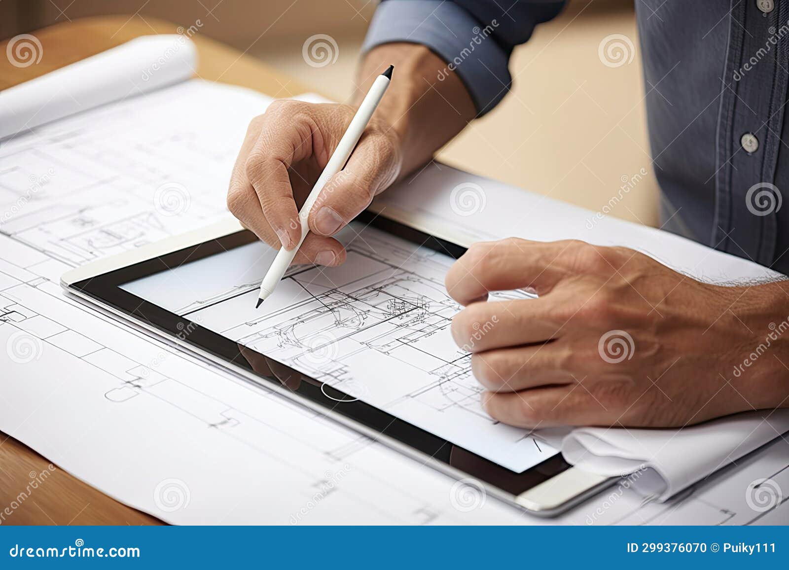 Design Guru a Character with a Drawing Tablet and Technical Drawings ...