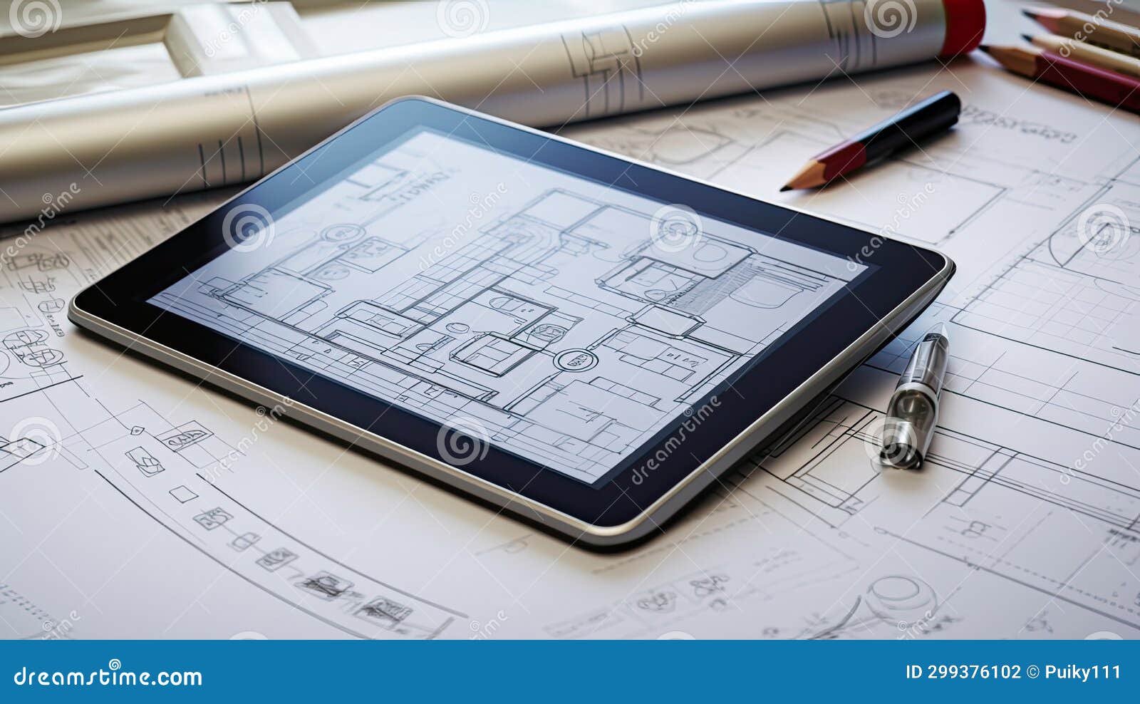Design Guru a Character with a Drawing Tablet and Technical Drawings ...