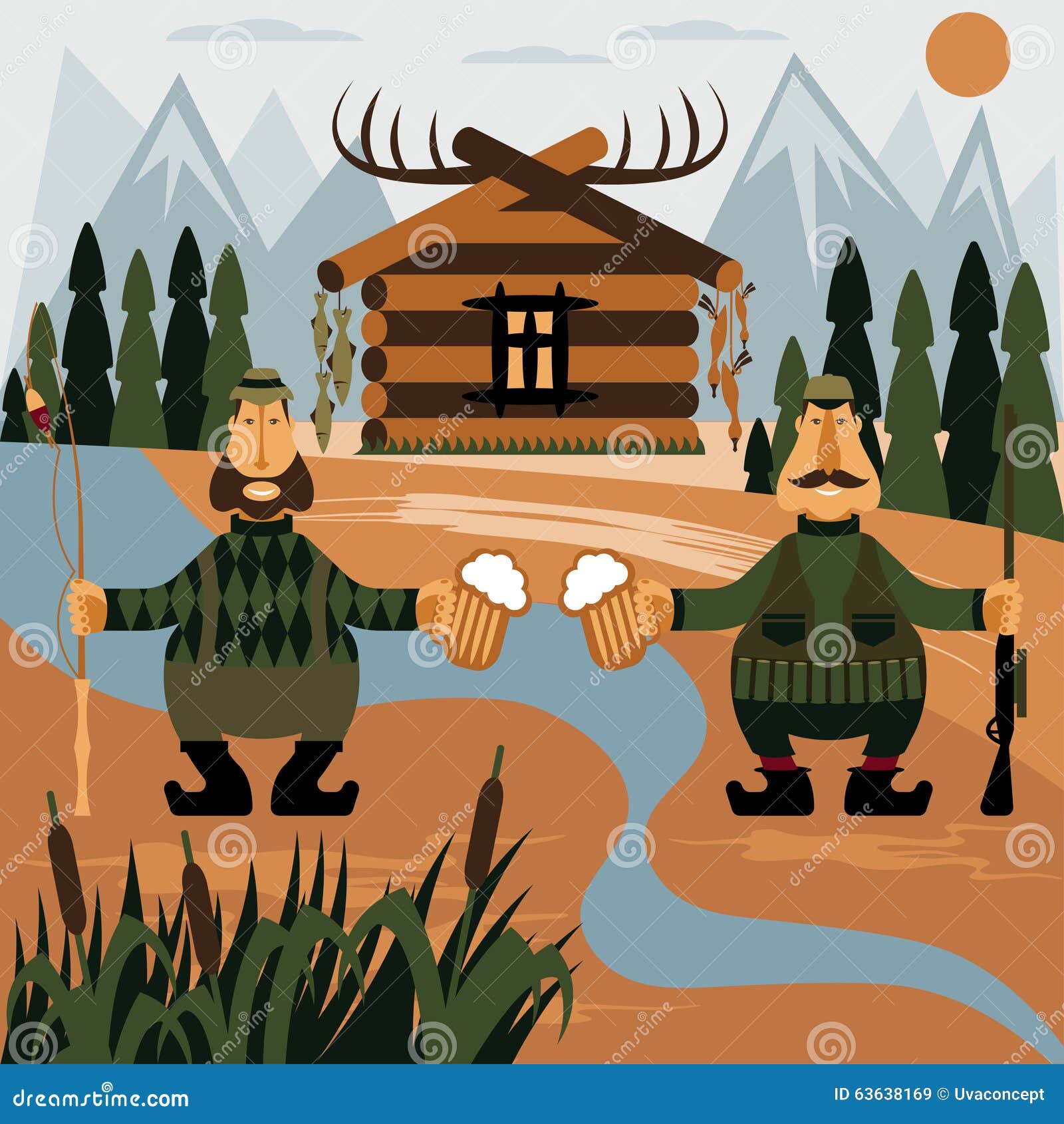 Design Illustration with Fisherman and Hunter with Beer. Ve Stock ...