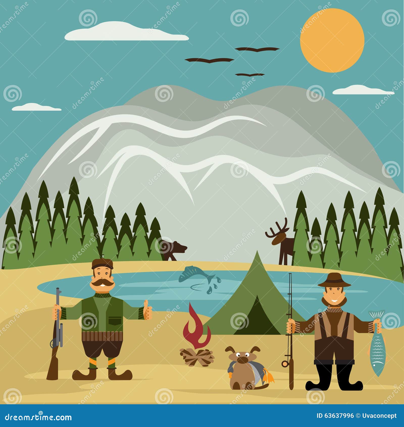 Design Illustration with Fisherman and Hunter. Vector Stock Vector ...