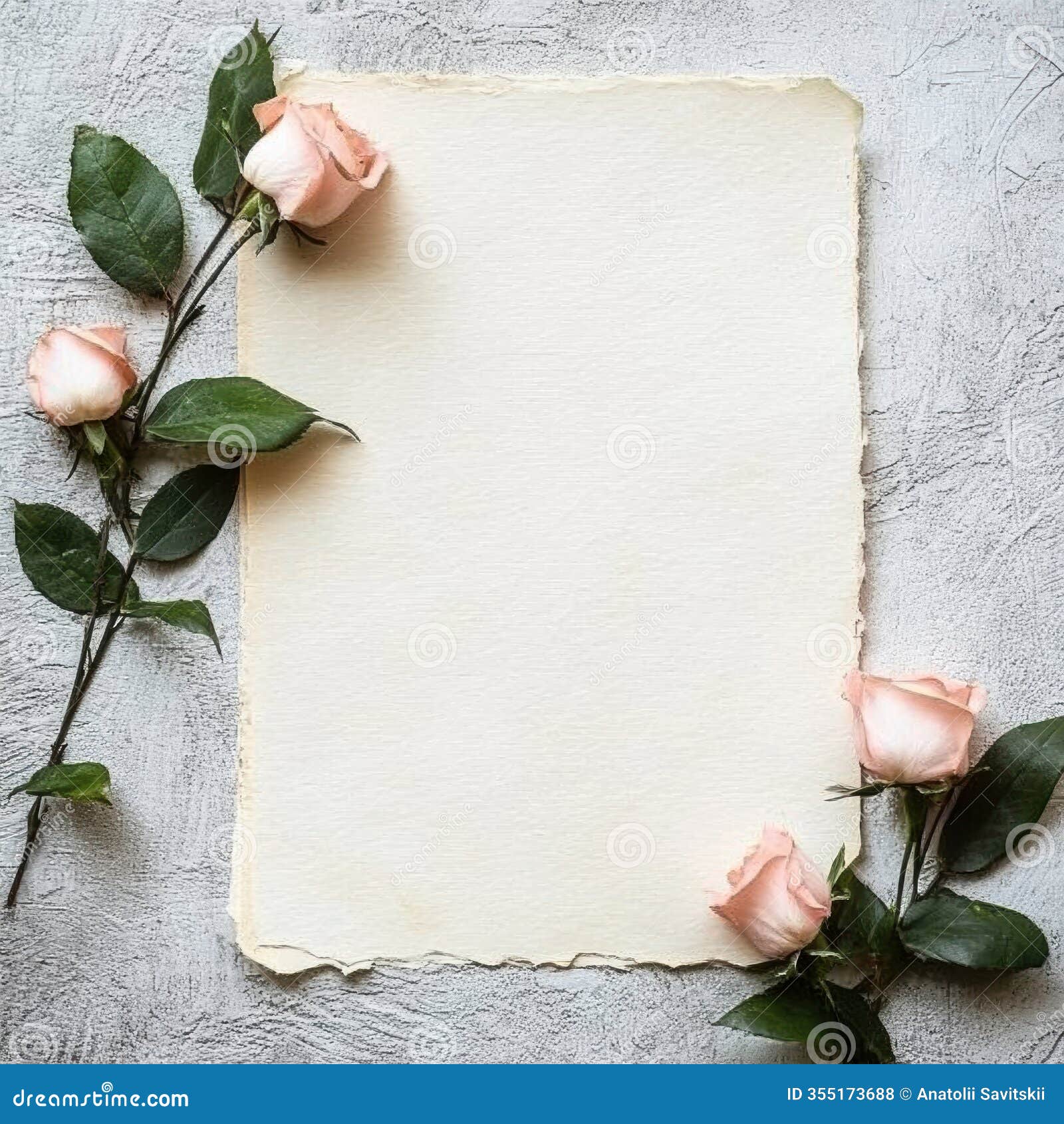 Design Mock Up Featuring Blank Parchment with Pink Roses on Rustic ...