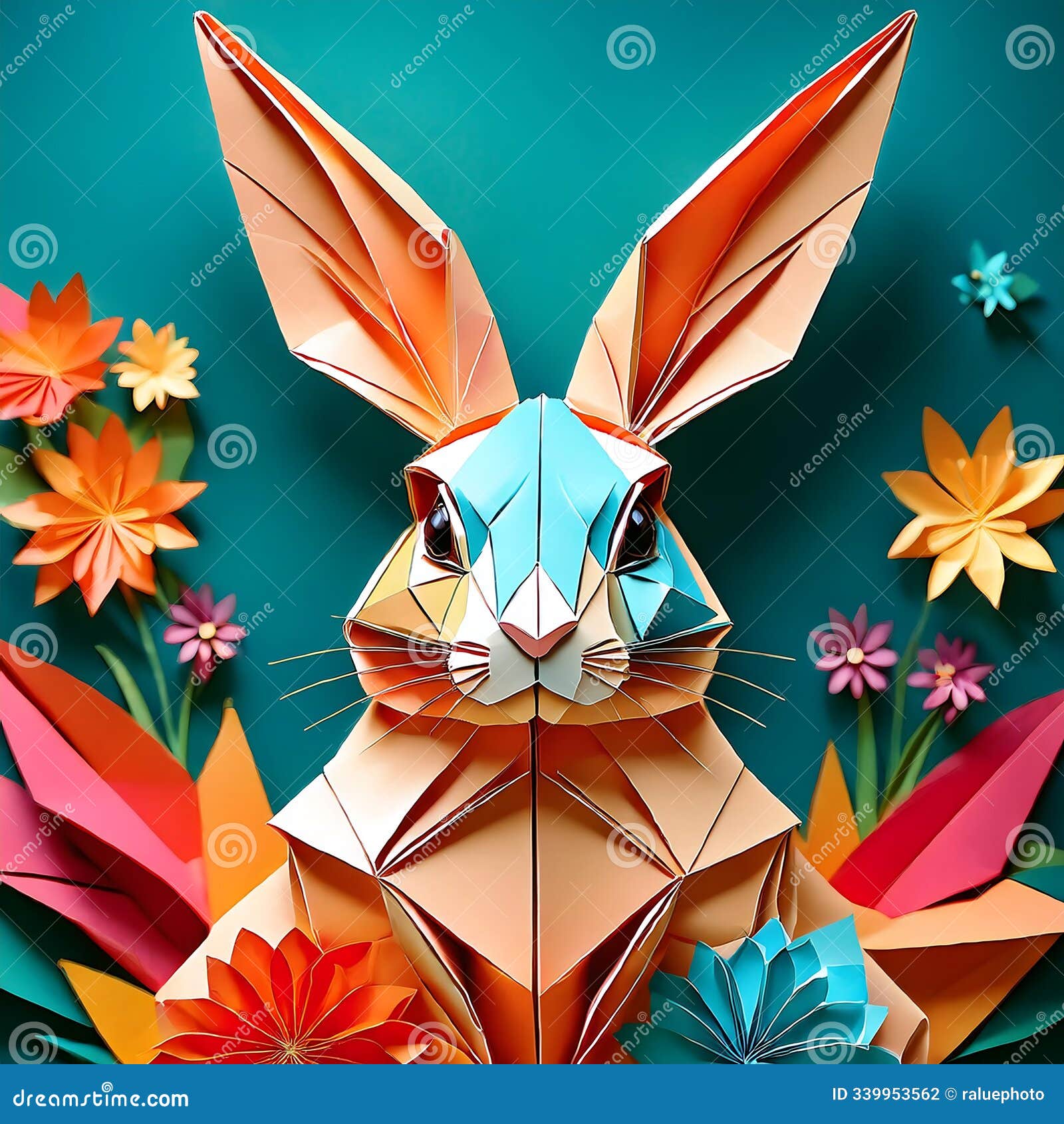 Design an Origami of a Rabbit and a Colorful Flower Stock Illustration ...