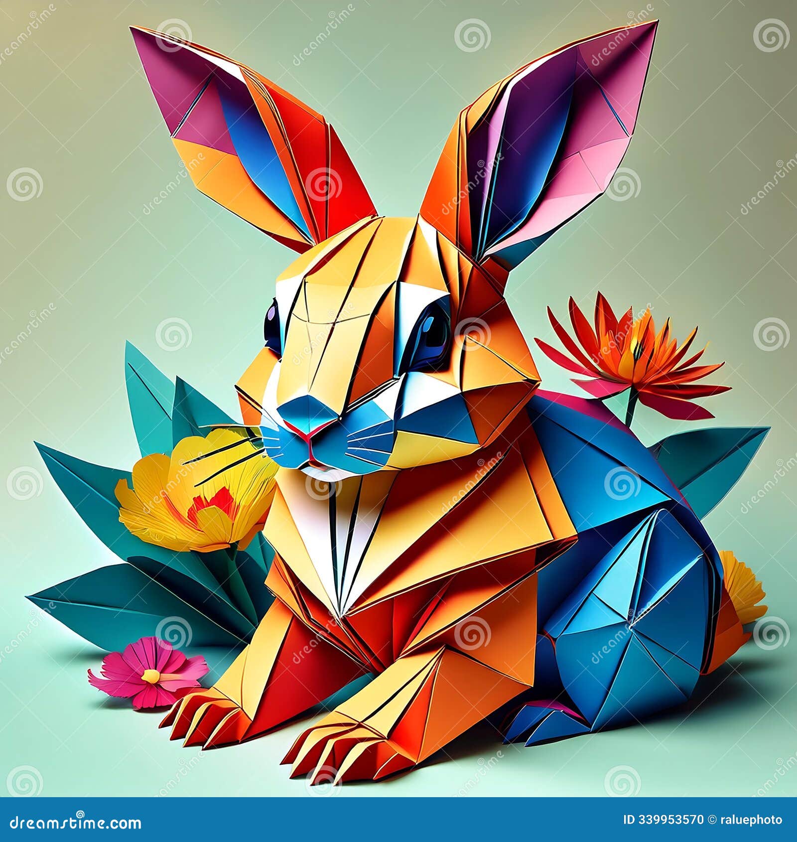 Design an Origami of a Rabbit and a Colorful Flower Stock Illustration ...