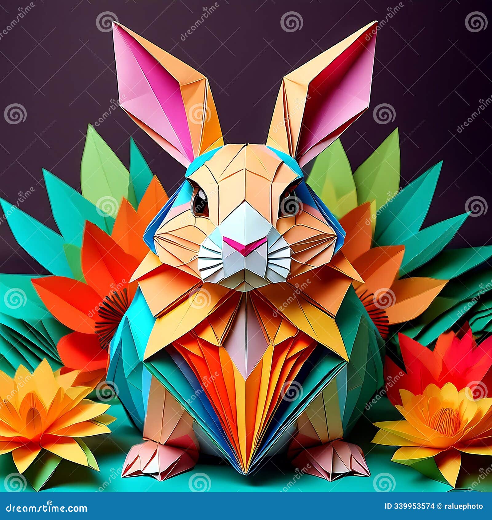 Design an Origami of a Rabbit and a Colorful Flower Stock Illustration ...