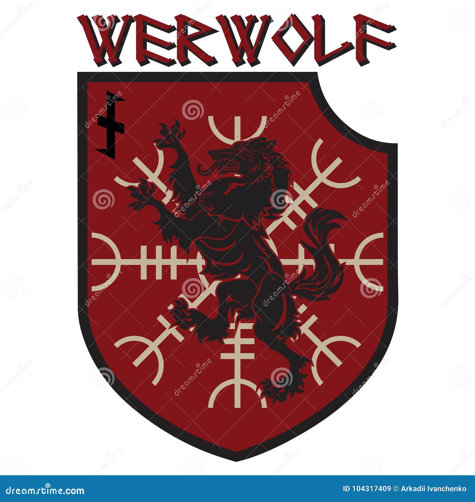 Design Patch. Heraldic Shield with a Werewolf, Helm of Awe and Rune ...