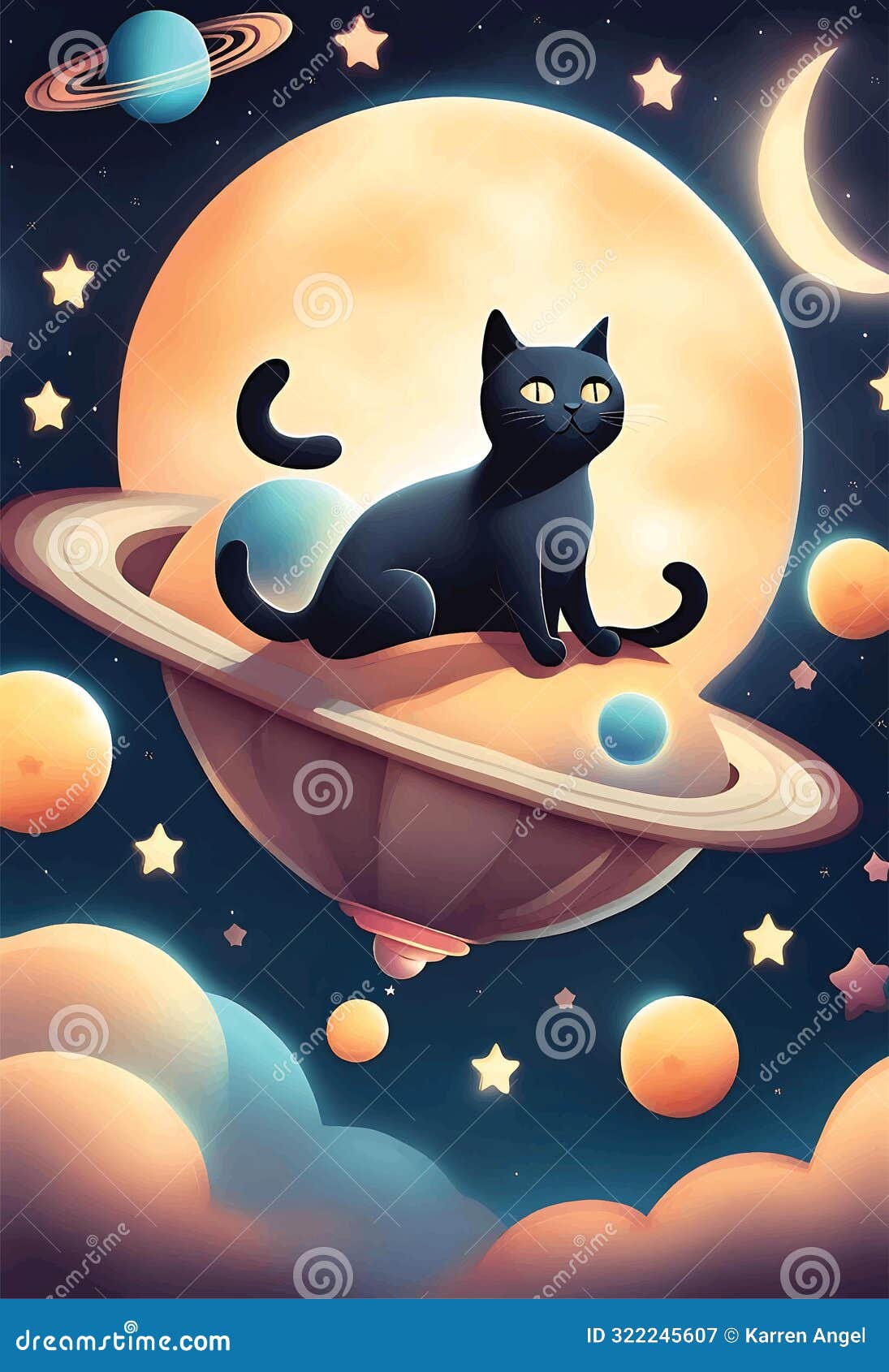 Cosmic Cat Sitting on Planet Floating in Galaxy Stock Illustration ...
