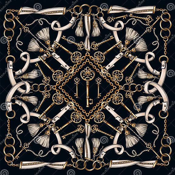 Design Scarf with Keys, Belts and Chain. Vector. Stock Illustration ...