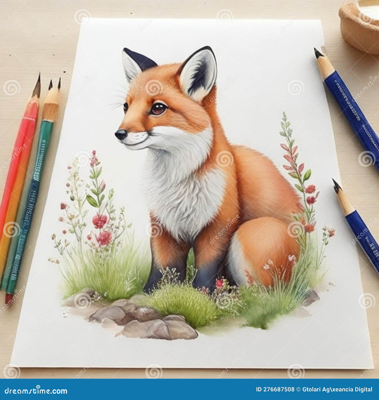 Realistic Fox Drawing, Watercolor Drawing, Realistic Fox Stock ...