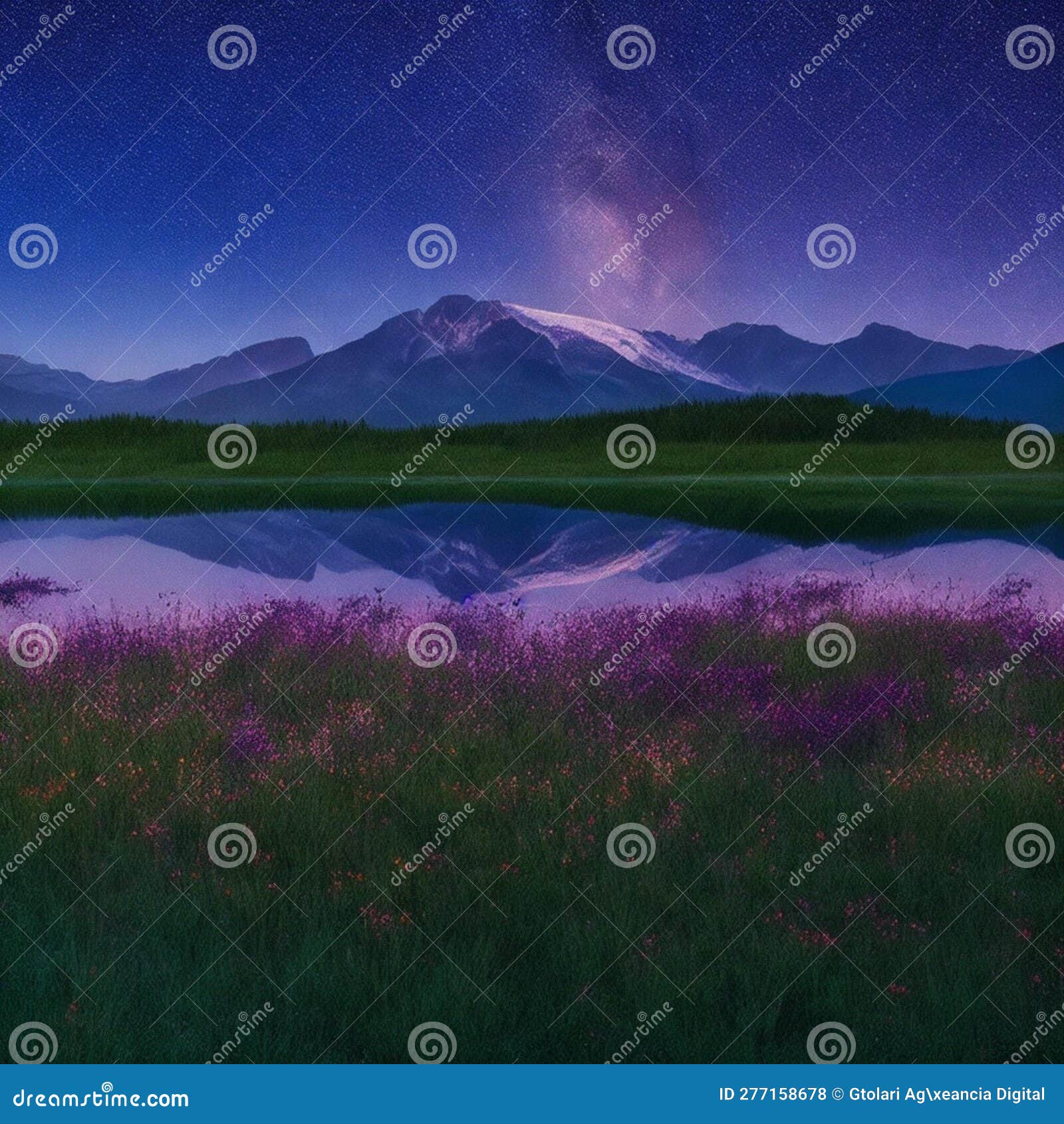 Flowering Field Under Starry Sky. Flowering Field beside Lake with ...