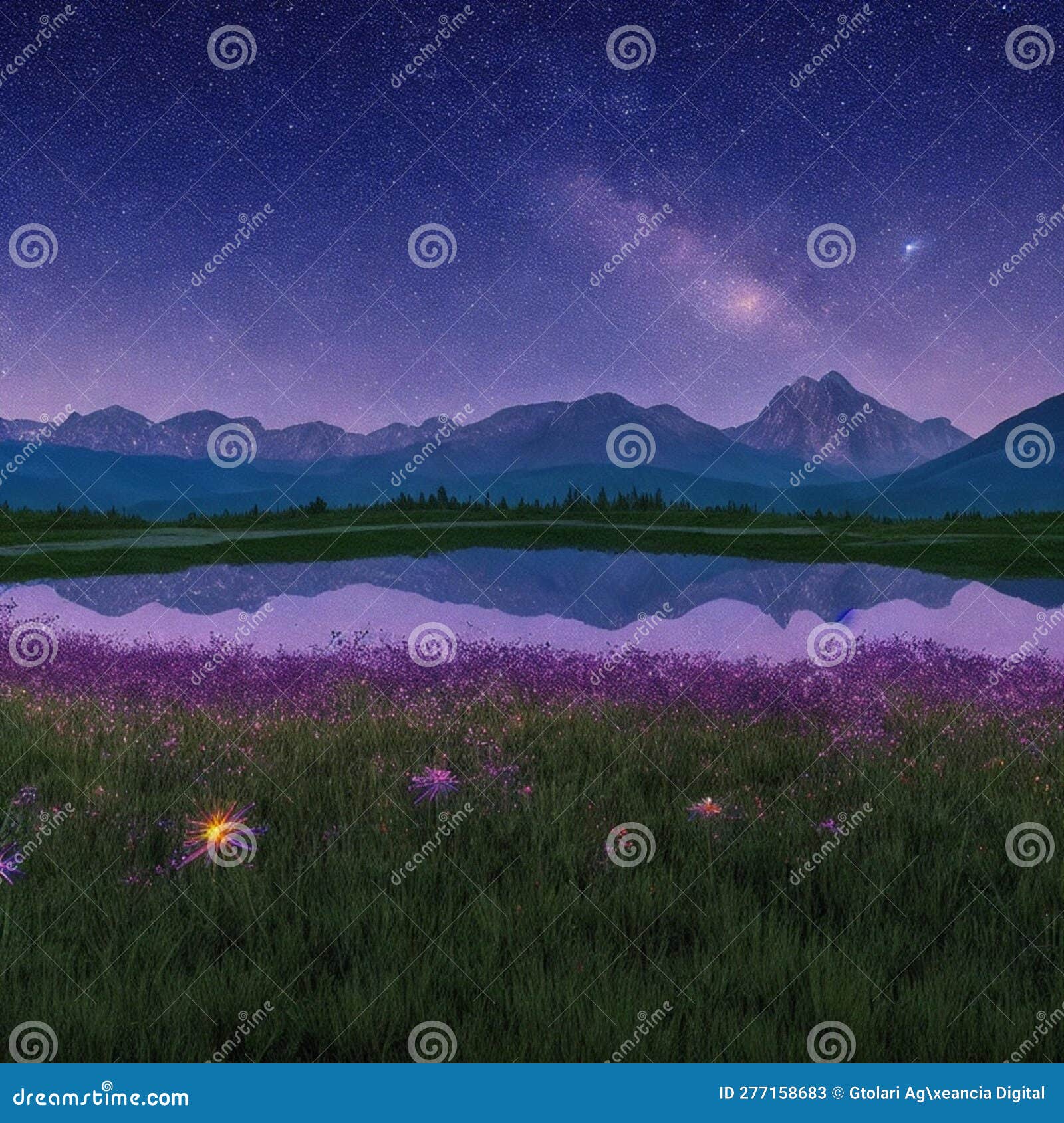 Flowering Field Under Starry Sky. Flowering Field beside Lake with ...