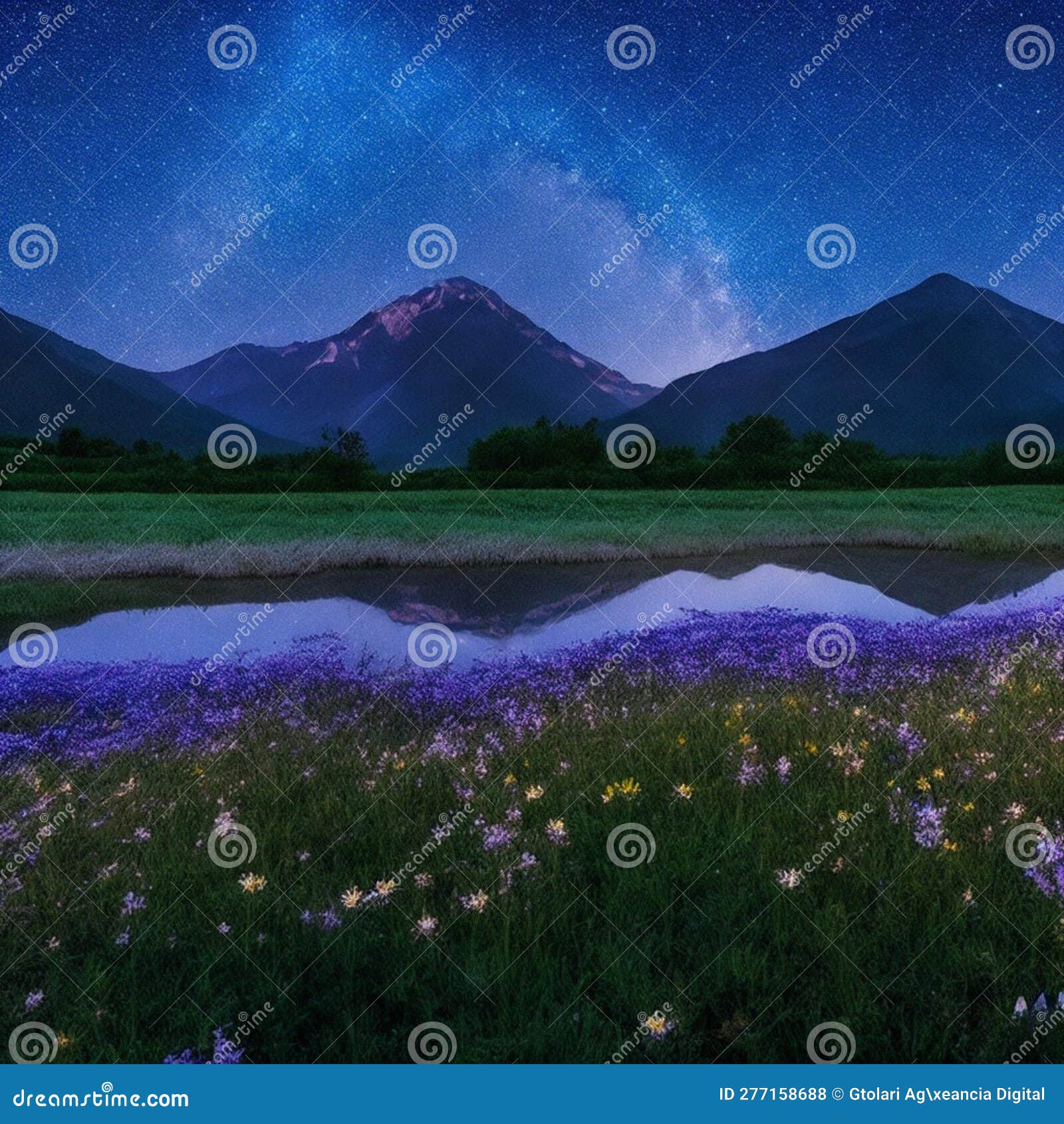 Flowering Field Under Starry Sky. Flowering Field beside Lake with ...