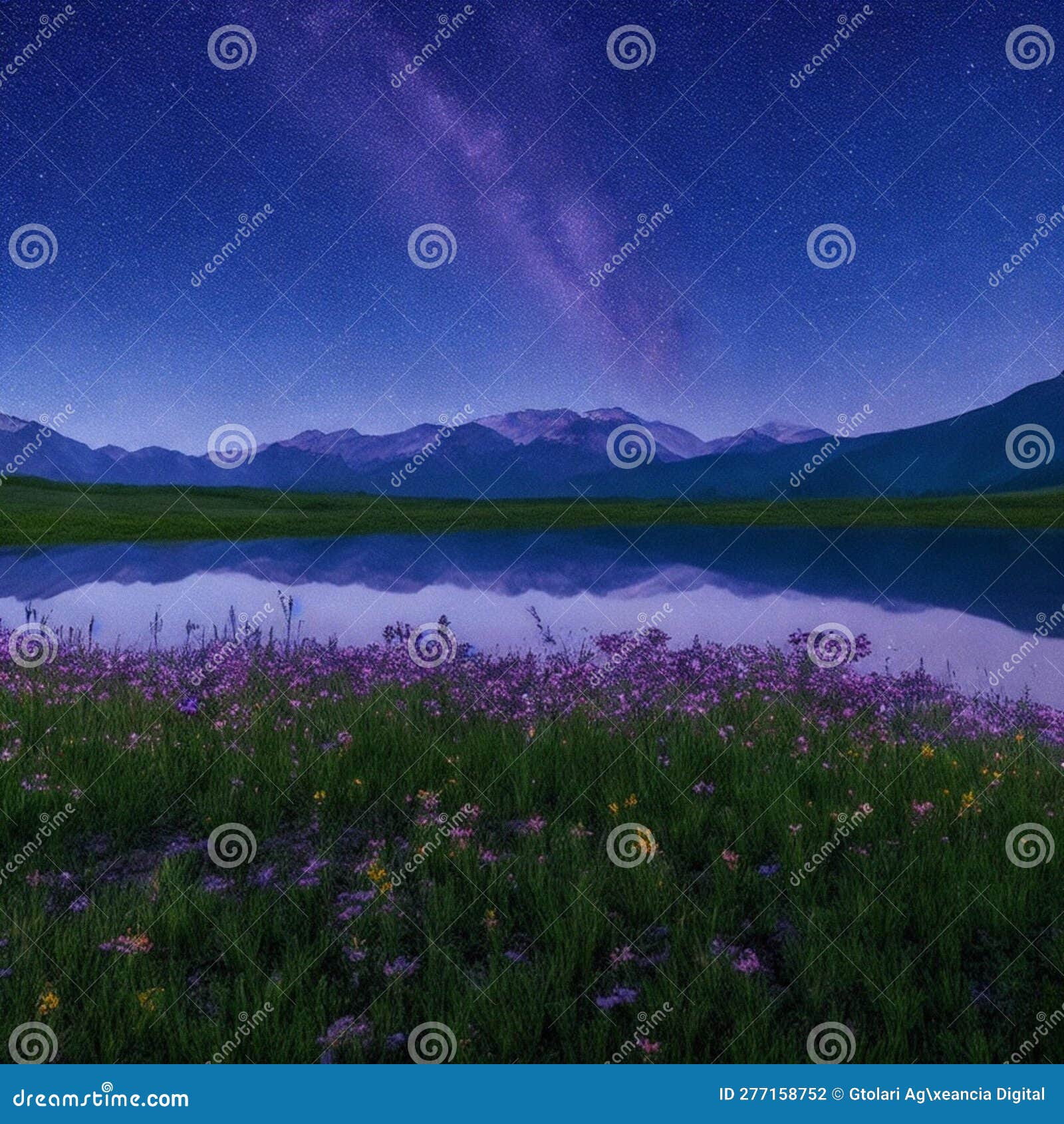 Flowering Field Under Starry Sky. Flowering Field beside Lake with ...
