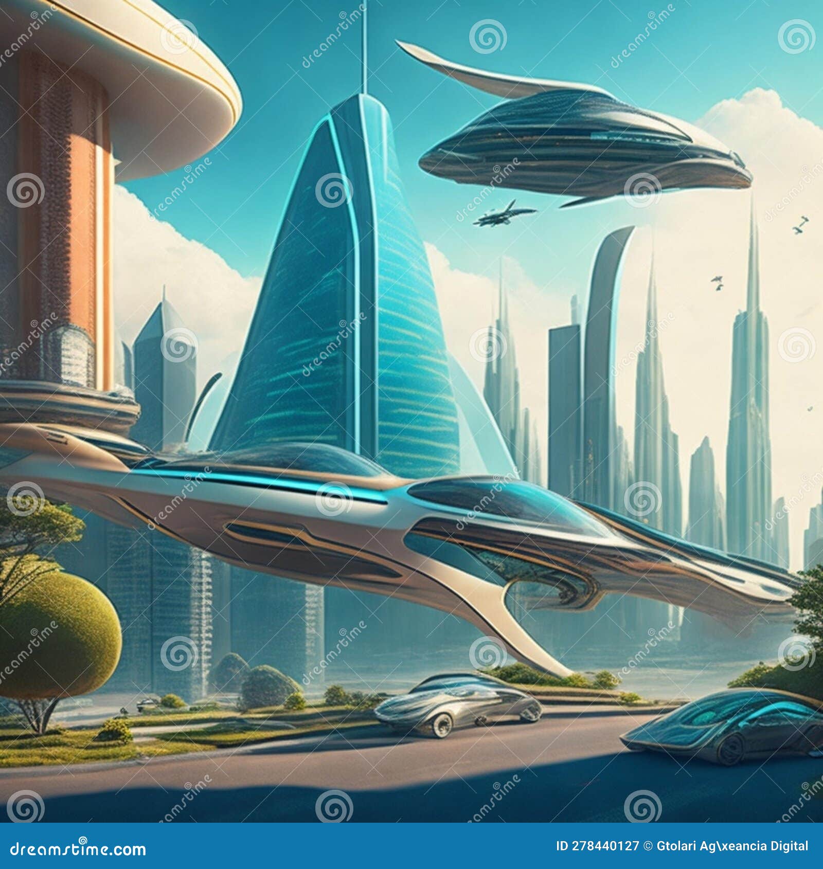 Flying Cars in Futuristic City. Modern Architecture. Ecological City ...