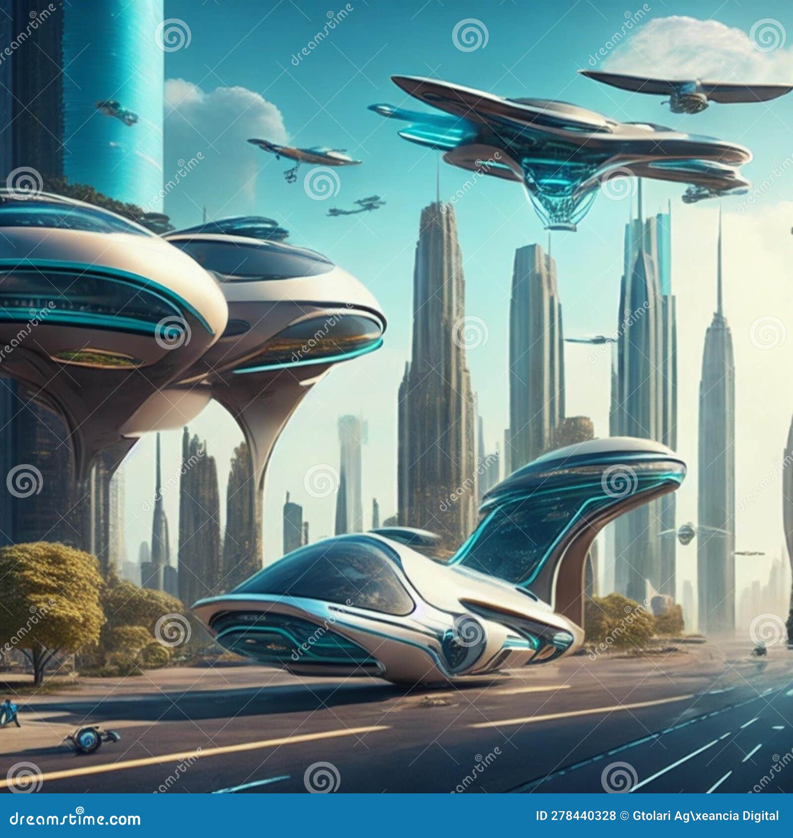 Flying Cars in Futuristic City. Modern Architecture. Ecological City ...