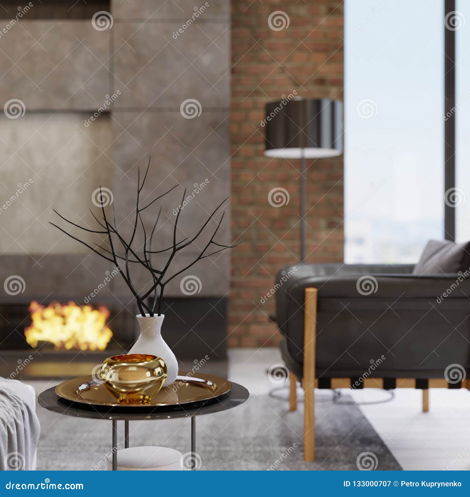 Design Side Table with Decor, White and Gilded Chrome Vase Stock ...