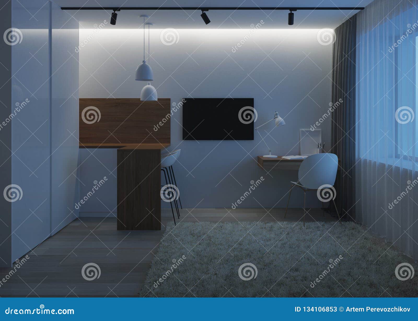 Design a Small Room with a Sofa. Night. Evening Lighting Stock Image ...