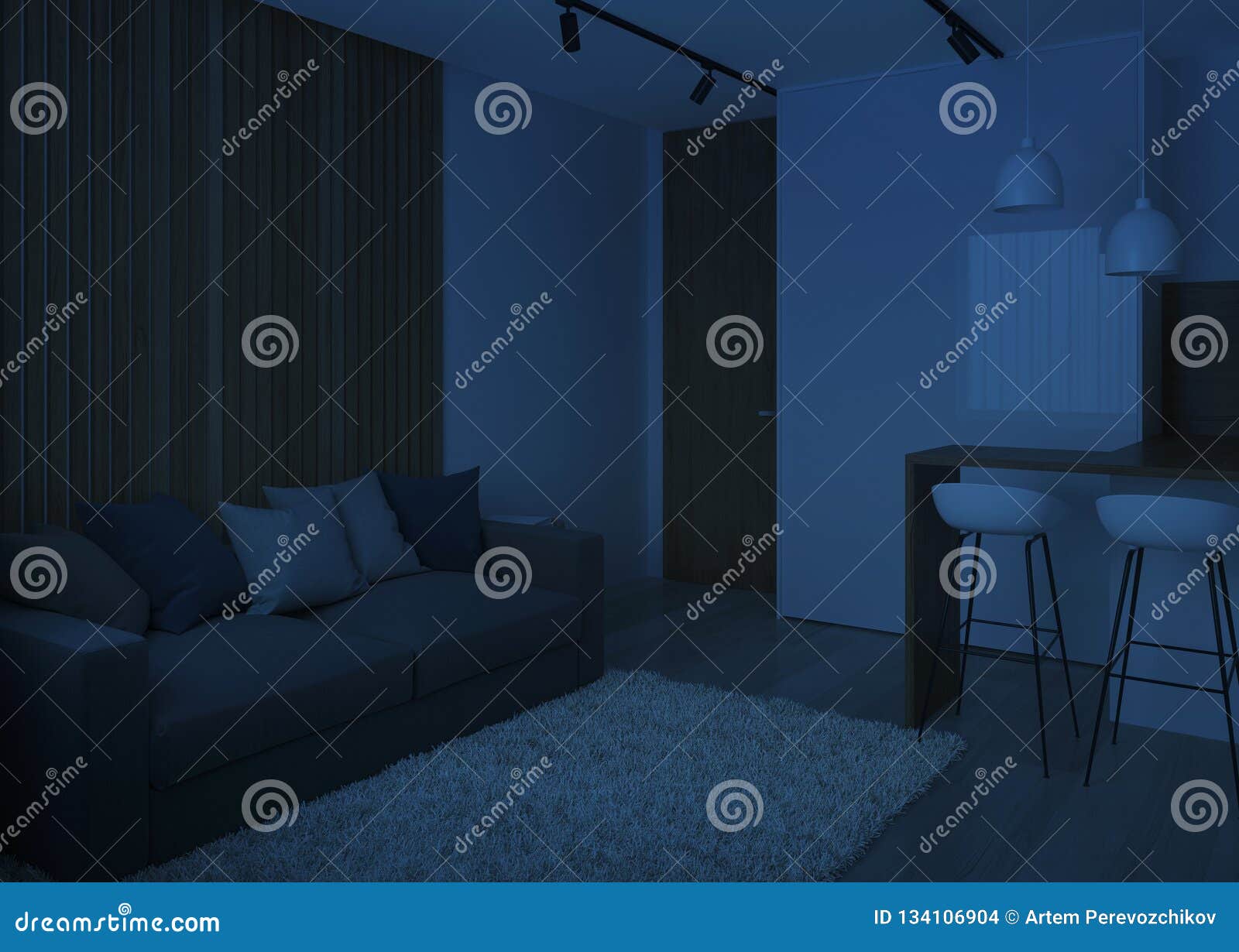 Design a Small Room with a Sofa. Night. Evening Lighting Stock Photo ...