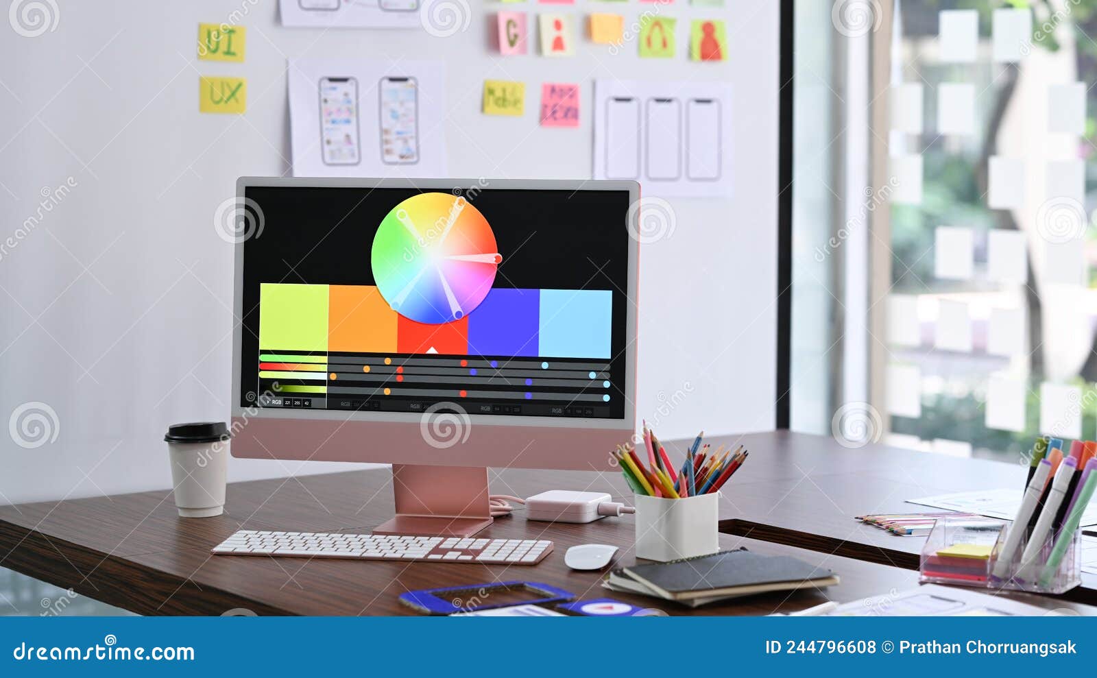 Design Studio with Computer, Color Swatches and Wireframe Sketches for ...