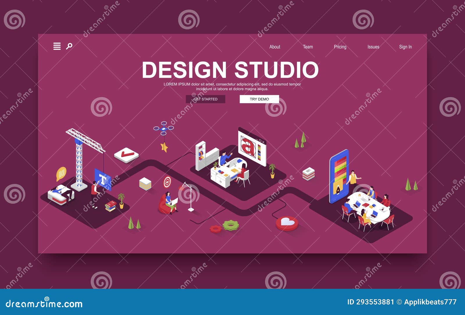 Design Studio Concept 3d Isometric Landing Page Template. People Work ...