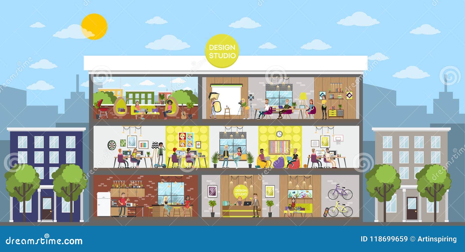 Design studio building. stock vector. Illustration of objects - 118699659