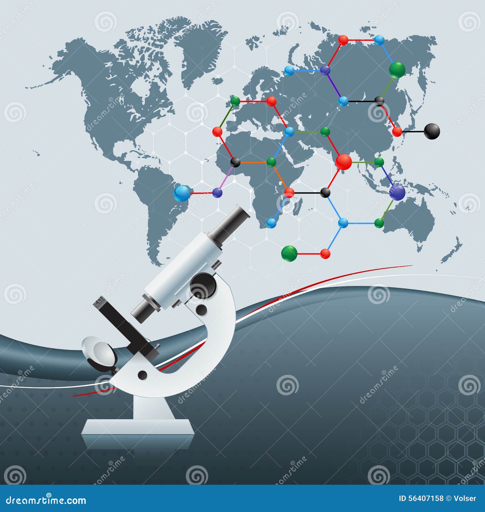 Design Template with Microscope on World Map Backdrop and Hexagonal ...