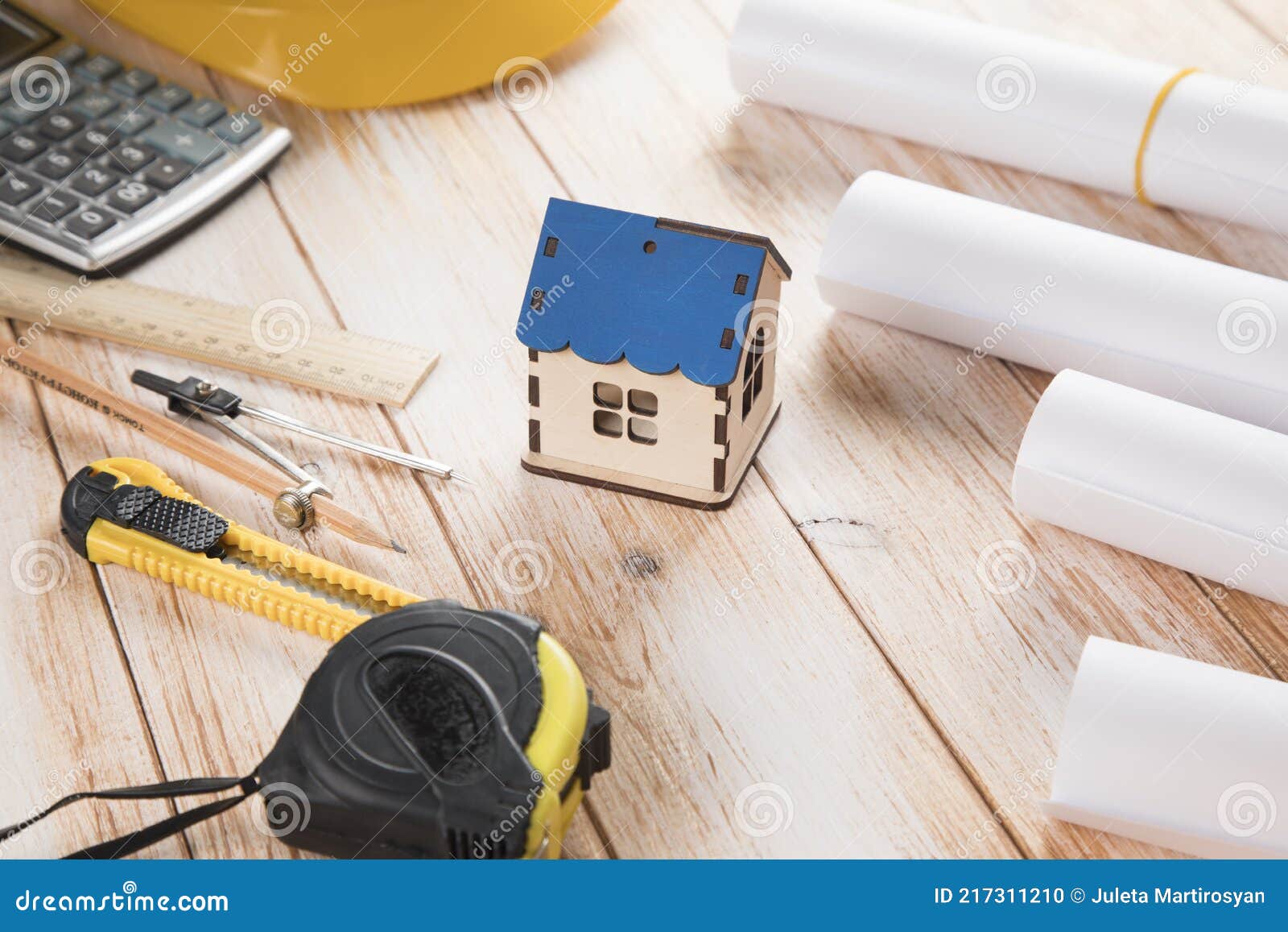 Design Tools and a Small House on the Table Stock Photo - Image of ...