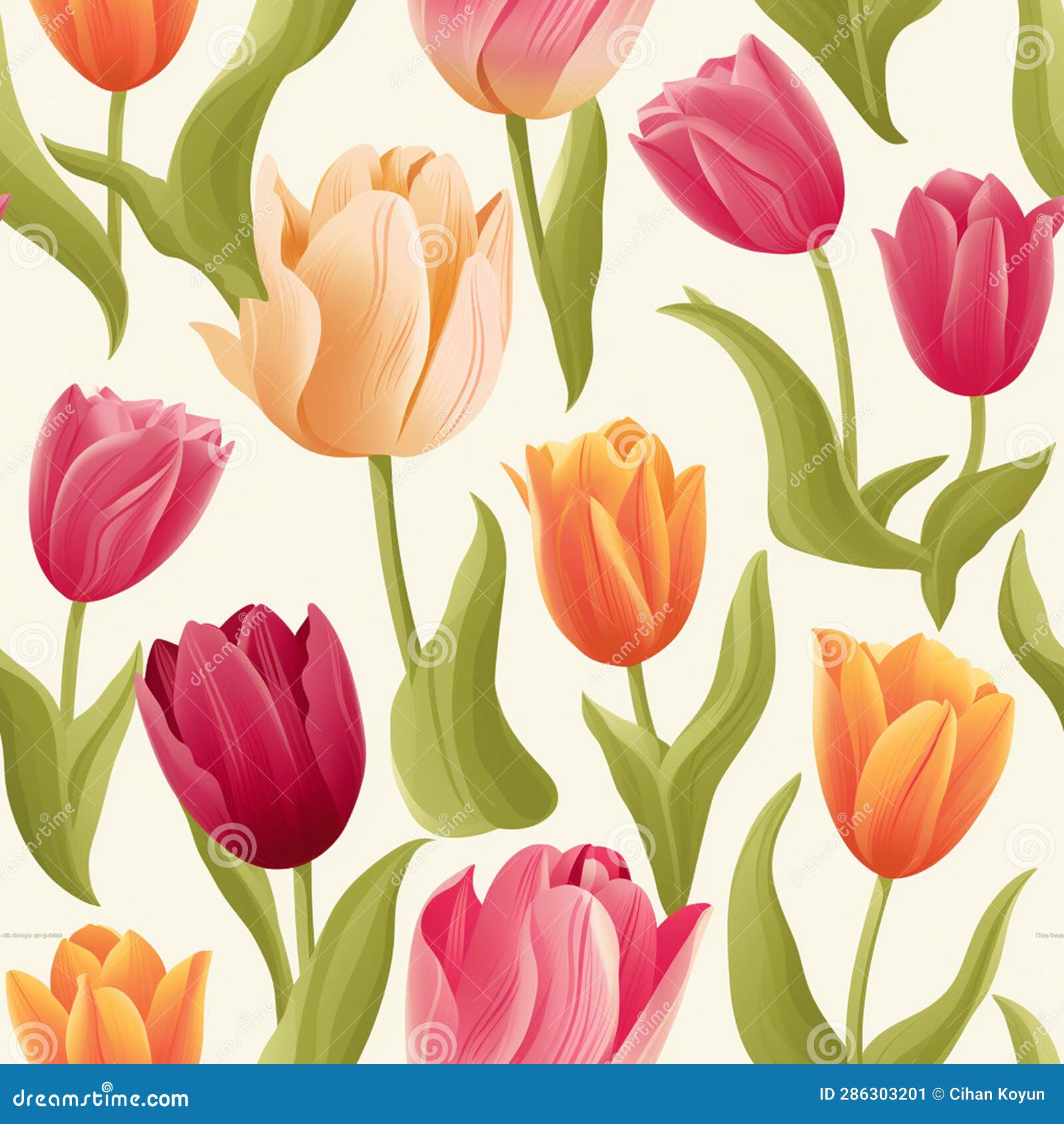 Design of Watercolored Seamless Blue Tulip Pattern with Leaves Stock ...